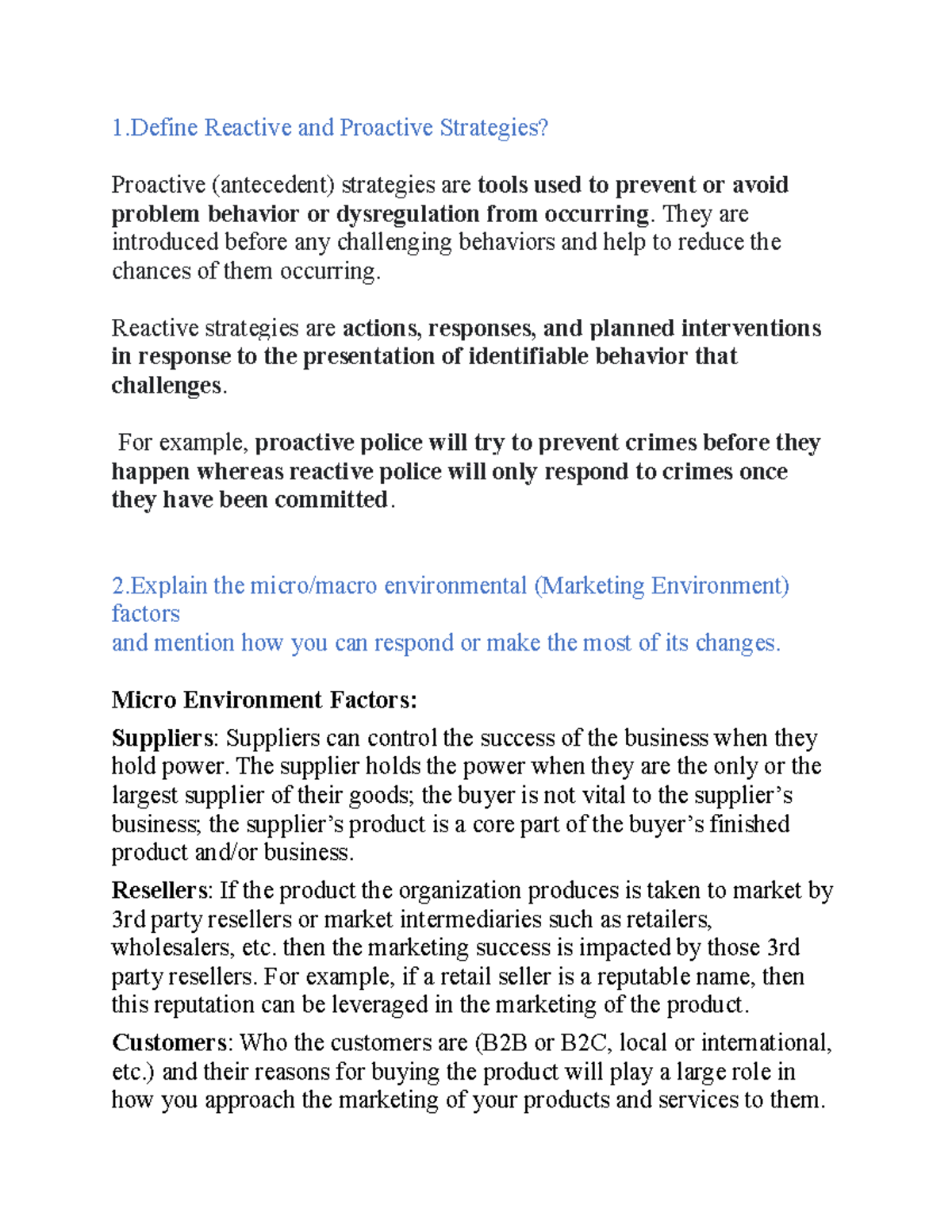Marketing lesson 3 answers - 1 Reactive and Proactive Strategies ...