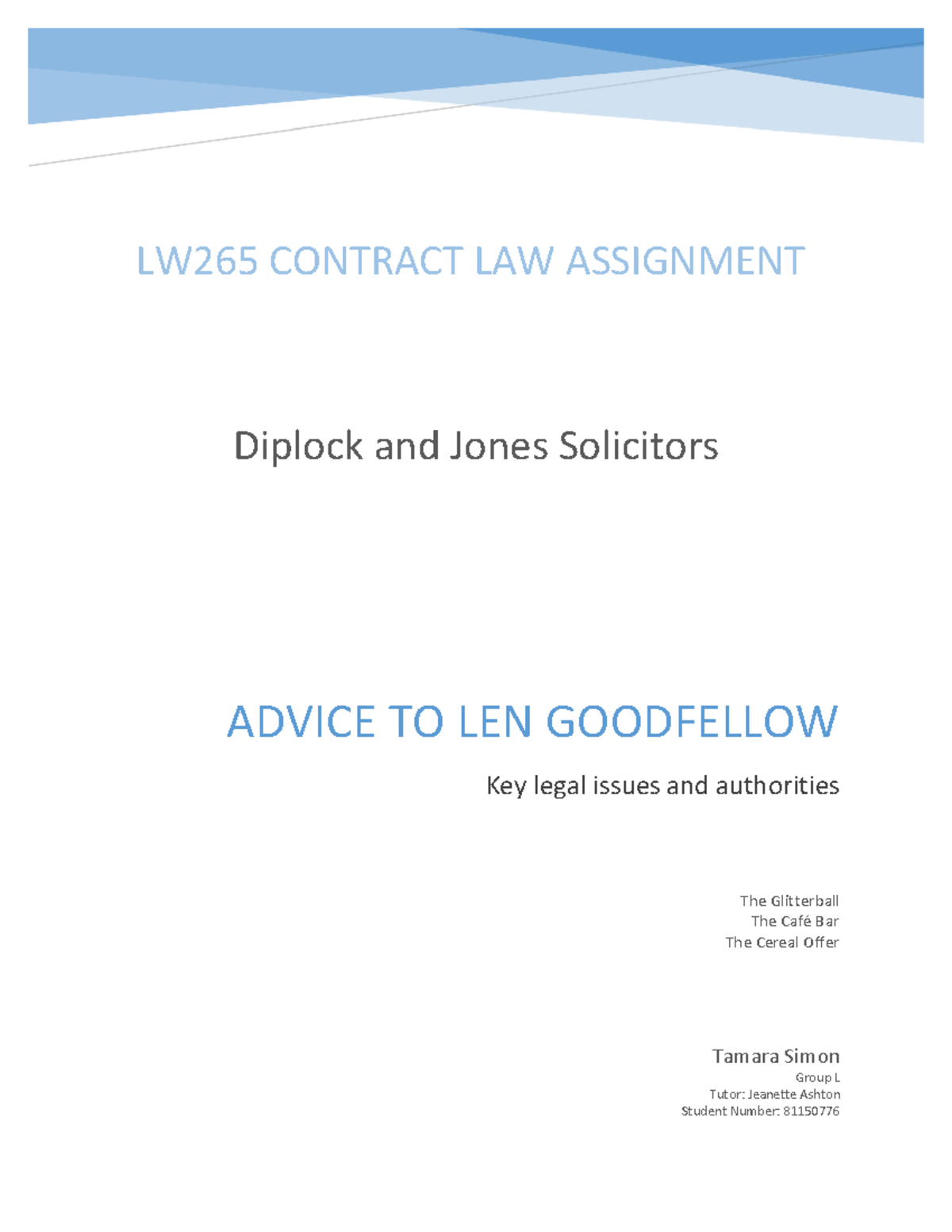 Assignment Offer and Acceptance - LW265 CONTRACT LAW ASSIGNMENT Diplock ...
