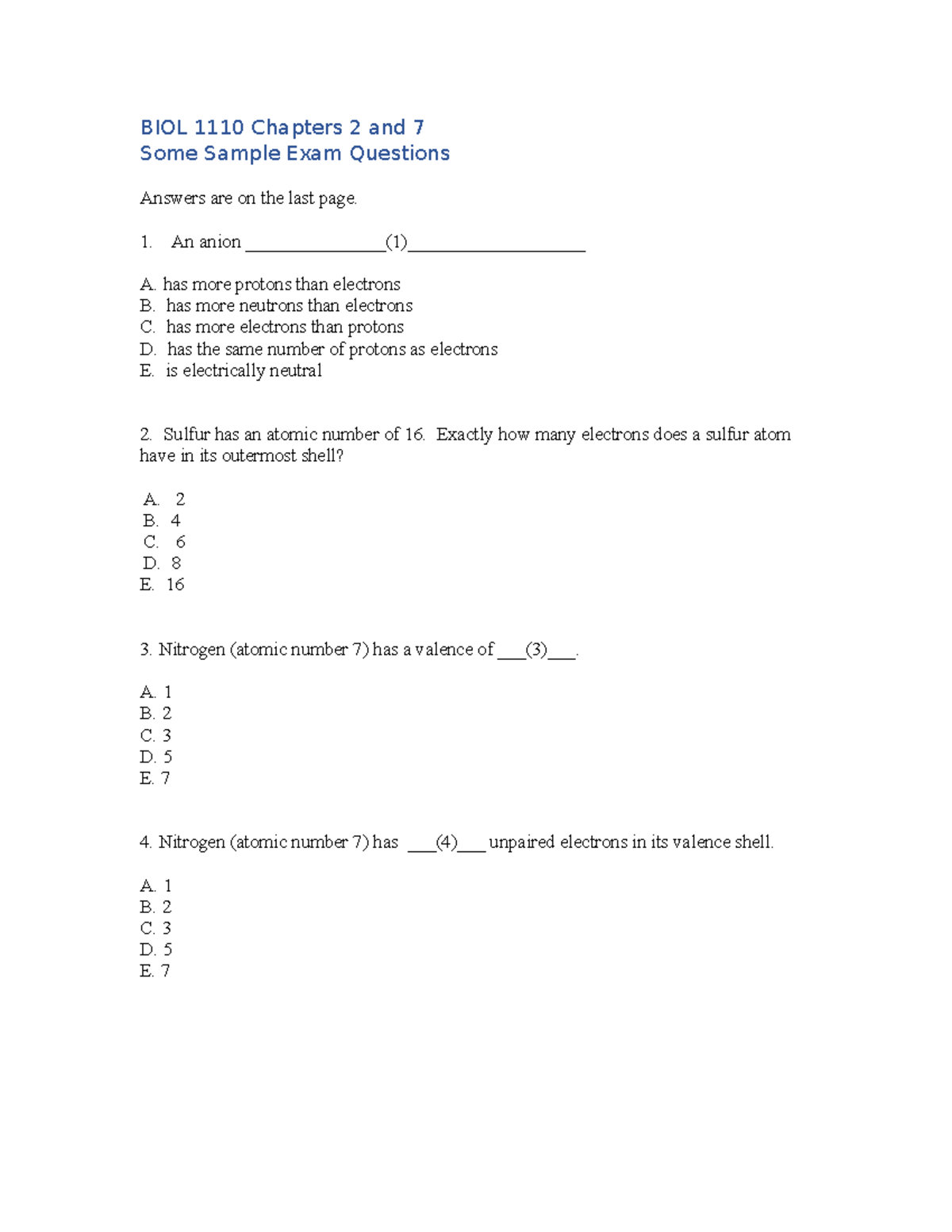 Ch2 and 7 MC Questions - BIOL 1110 Chapters 2 and 7 Some Sample Exam ...