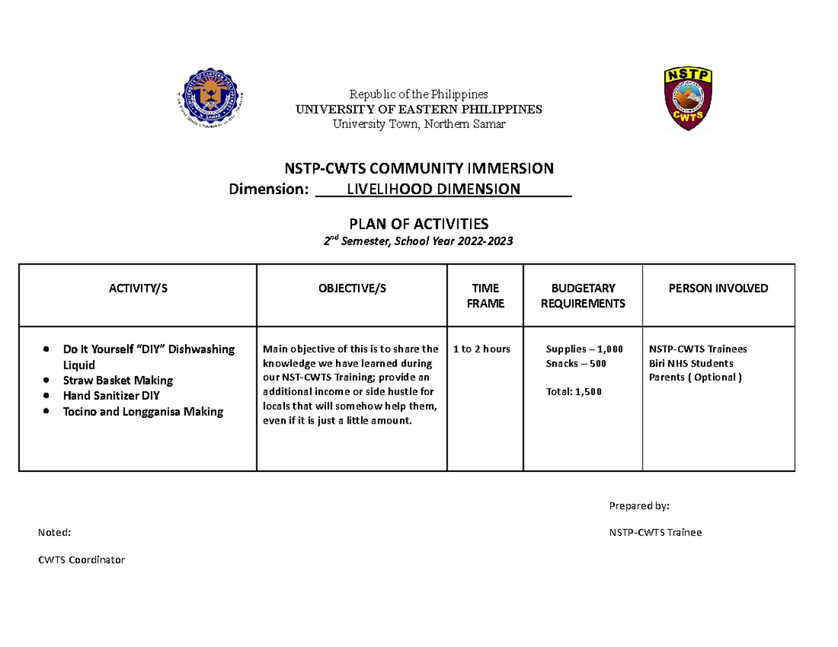 PLAN-OF- Activities - Republic of the Philippines UNIVERSITY OF EASTERN ...