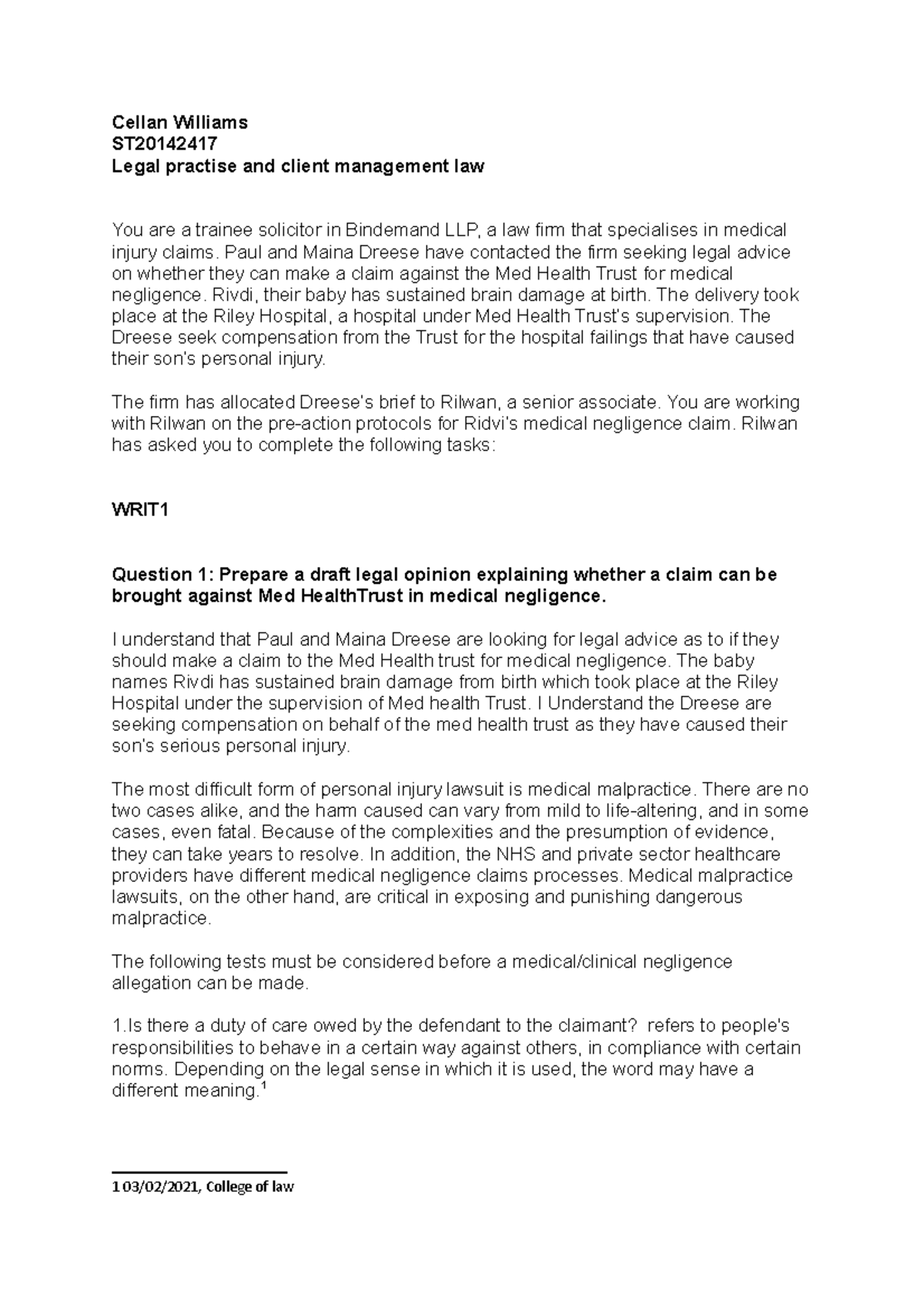 Writ 1 - Final assigment - Cellan Williams ST Legal practise and client ...