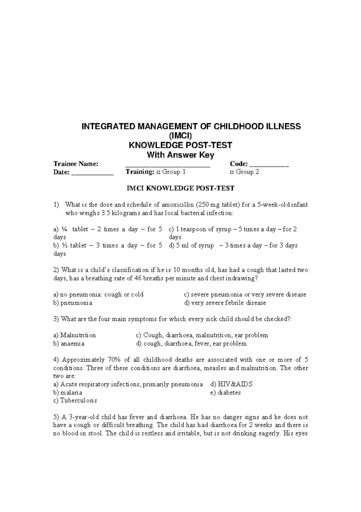 240932618 Post Test i Catt - INTEGRATED MANAGEMENT OF CHILDHOOD ILLNESS ...