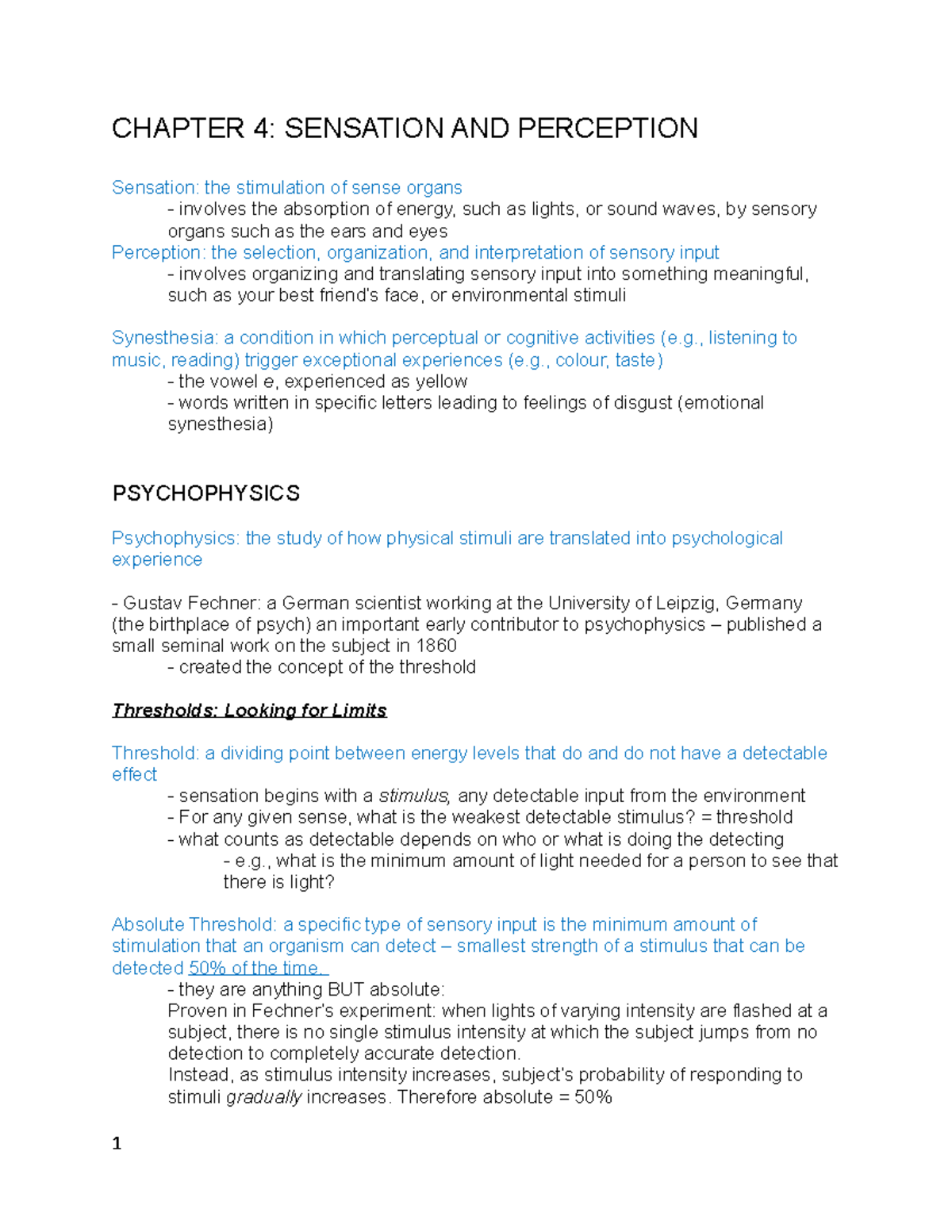 Psych Ch. 4-7 Study Notes - CHAPTER 4: SENSATION AND PERCEPTION ...