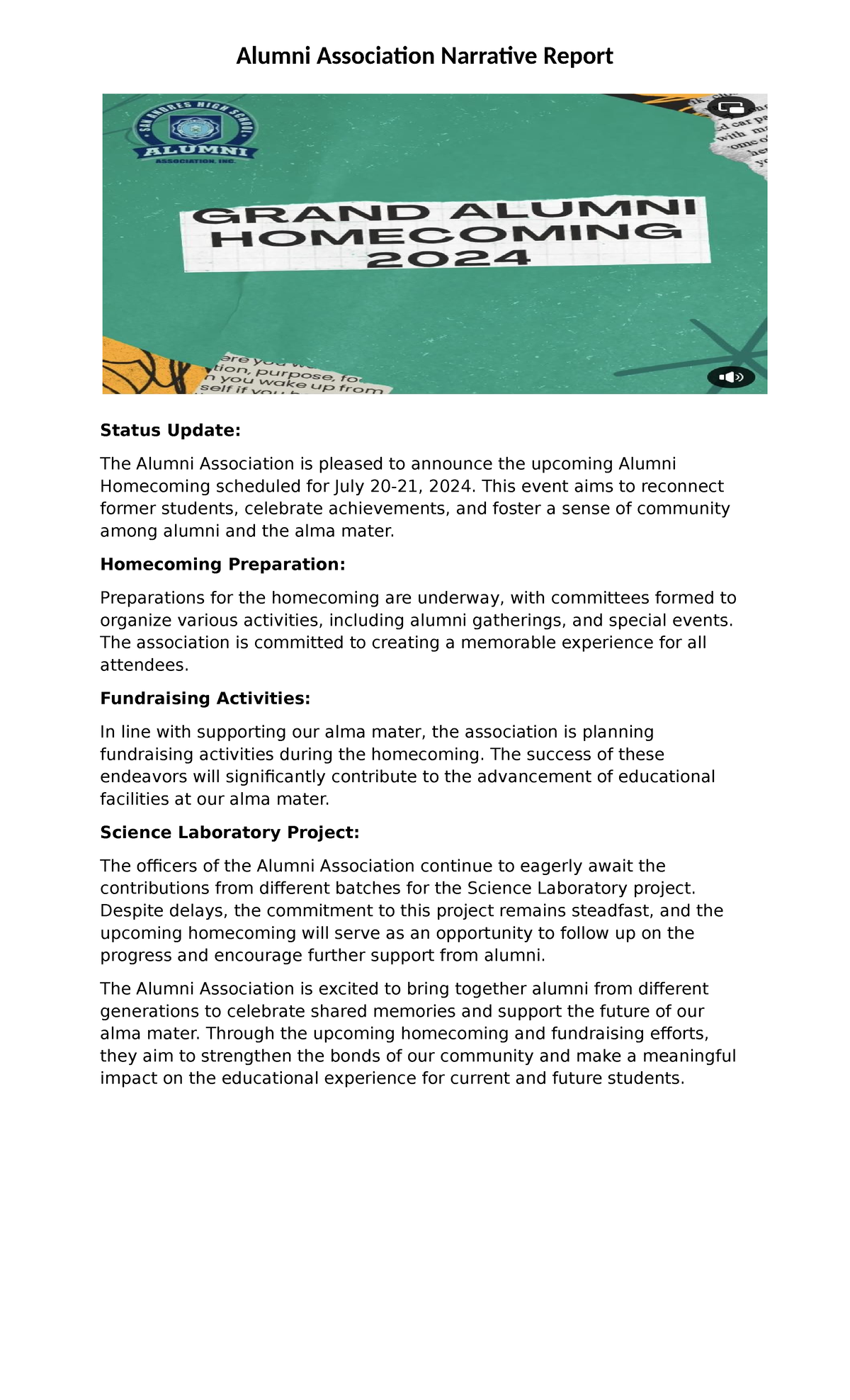 Alumni Association Narrative Report april 16 - Alumni Association ...