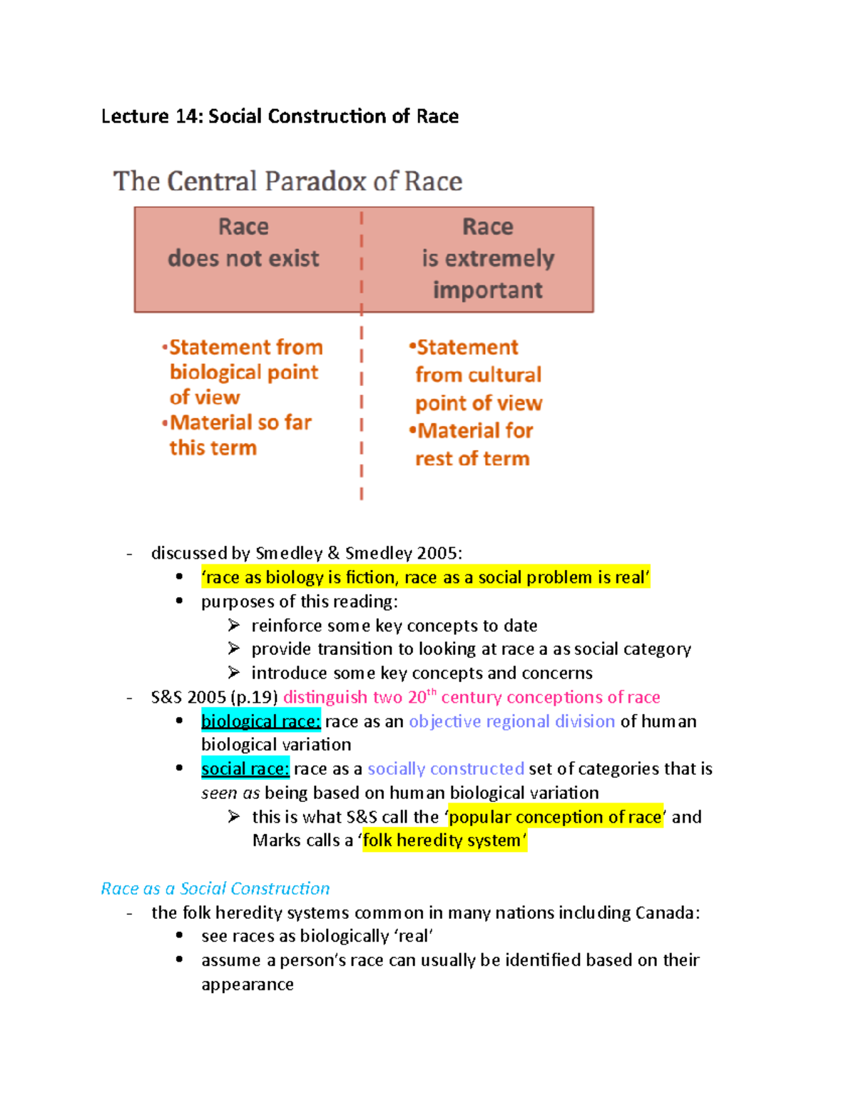 Lecture 14 - notes - Lecture 14: Social Construction of Race ...