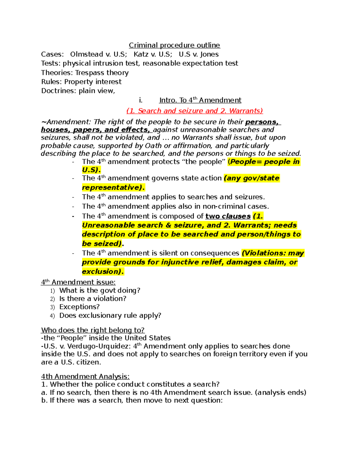 Crim pro outline - Criminal procedure outline Cases: Olmstead v. U ...