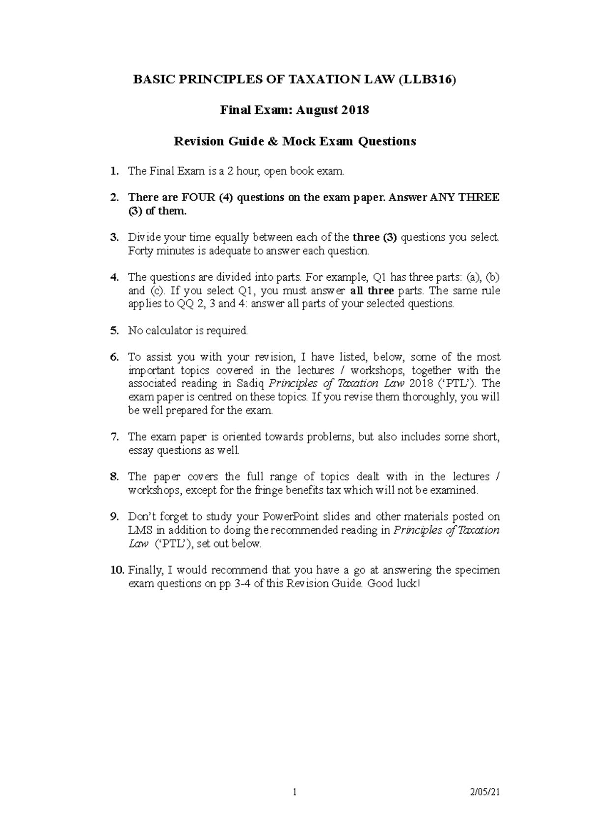 Taxation - Revision guide - BASIC PRINCIPLES OF TAXATION LAW (LLB316 ...