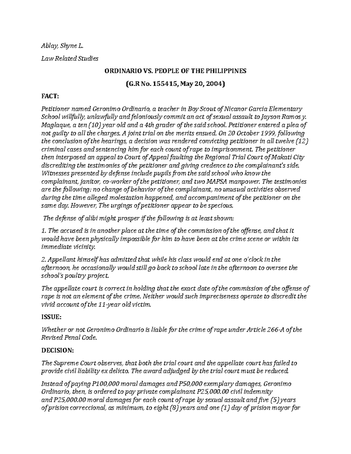 Ablay CASE Digest - Ablay, Shyne L. Law Related Studies ORDINARIO VS ...