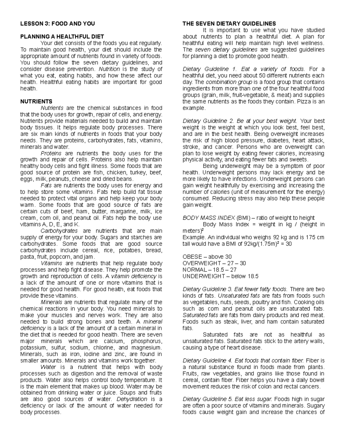 Lesson 3 - FOOD AND Health Nutrition - LESSON 3: FOOD AND YOU PLANNING ...