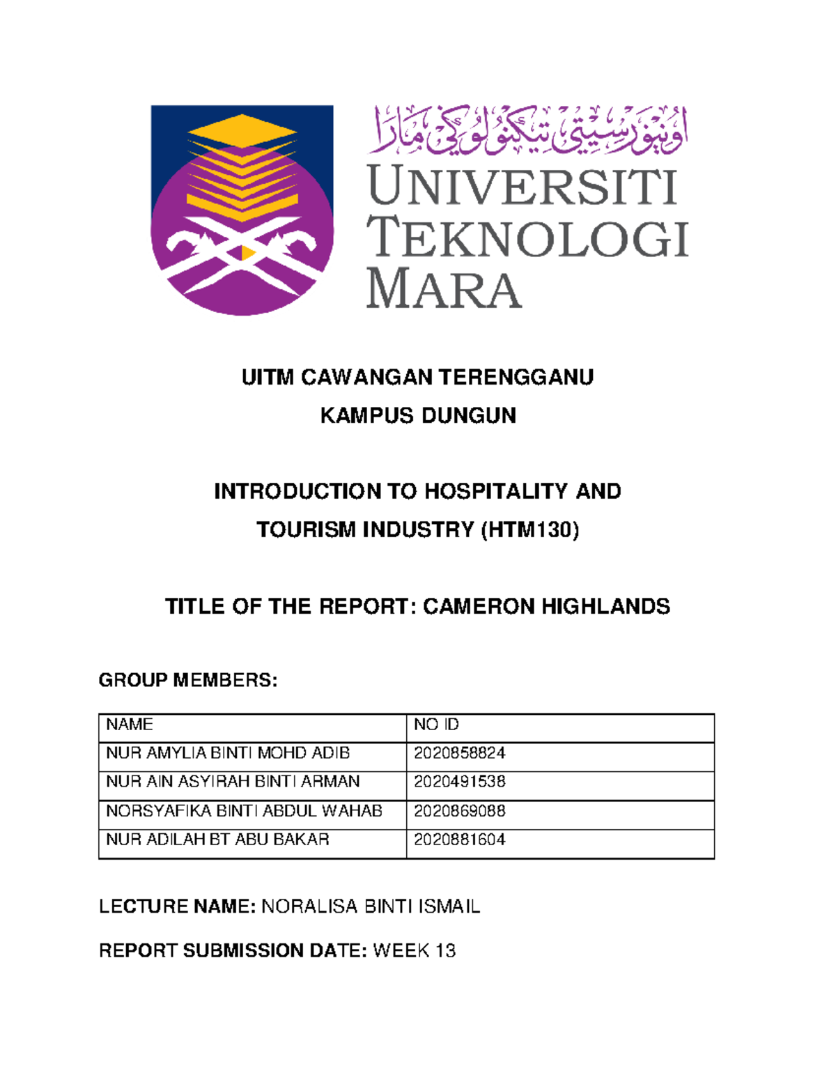 HTM130 Report - UITM CAWANGAN TERENGGANU KAMPUS DUNGUN INTRODUCTION TO ...