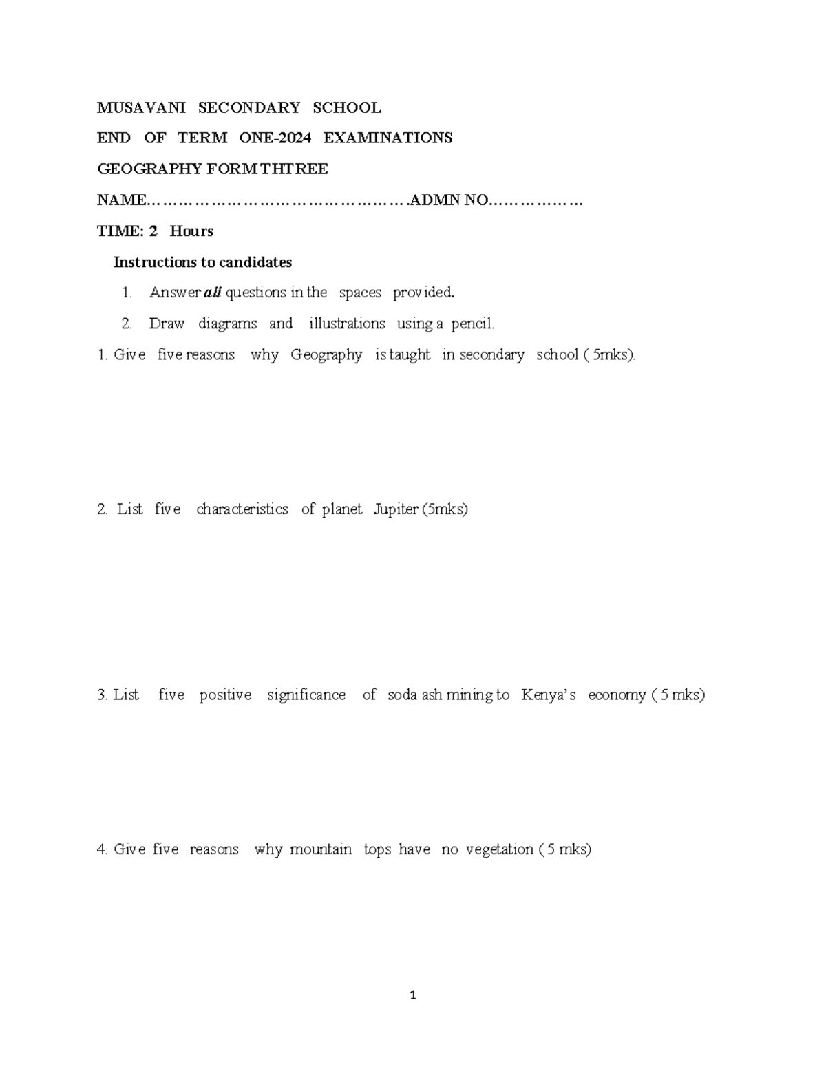 Geography FORM 3 EXAM - notes - MUSAVANI SECONDARY SCHOOL END OF TERM ...