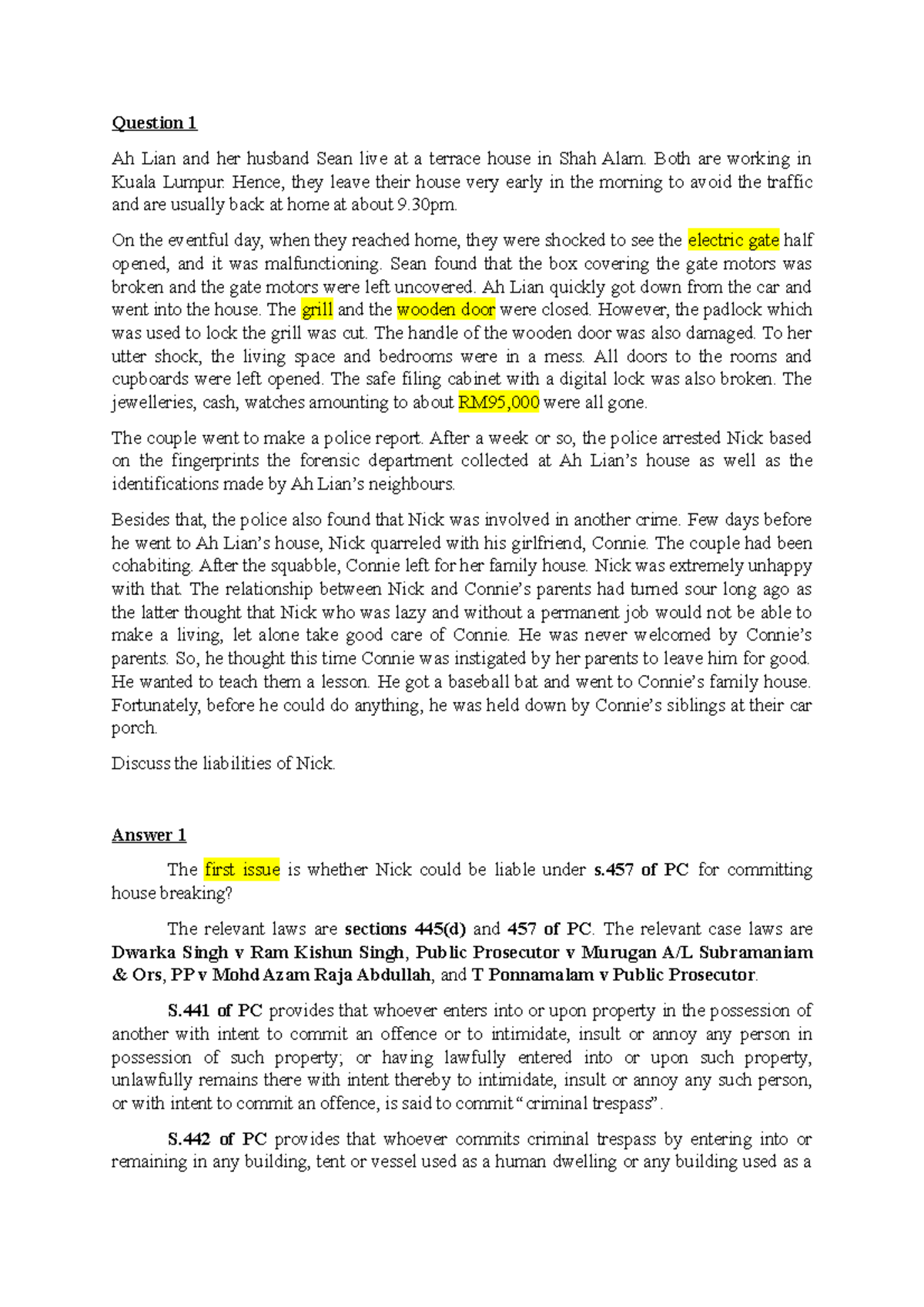 Criminal law 2 - Tutorial 9 - Question 1 Ah Lian and her husband Sean ...