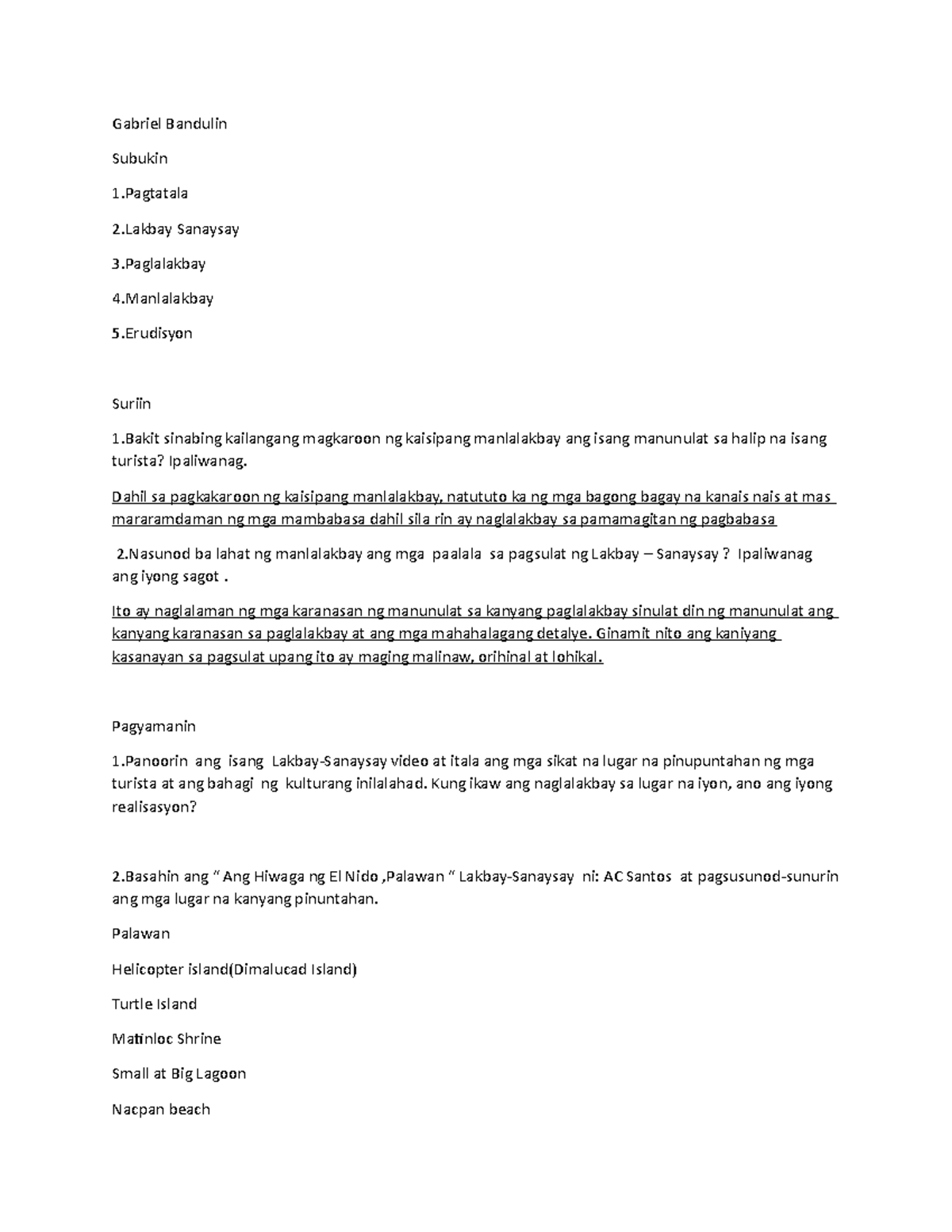 Pagsulat ng Lakbay-Sanaysay - Gabriel Bandulin Subukin 1 2 Sanaysay 3 4 ...