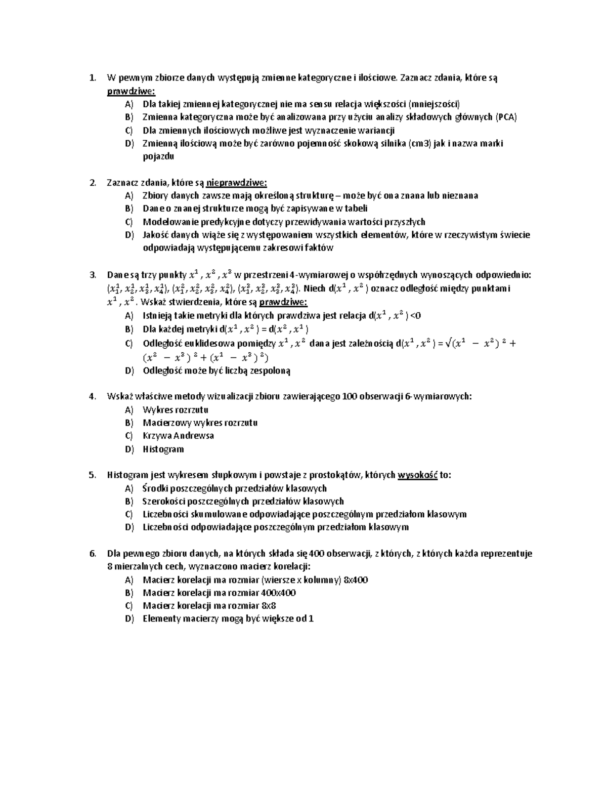 Egzamin pytania Wielowymiarowa analiza danych - Warning: TT: undefined function: 32 Warning: TT ...