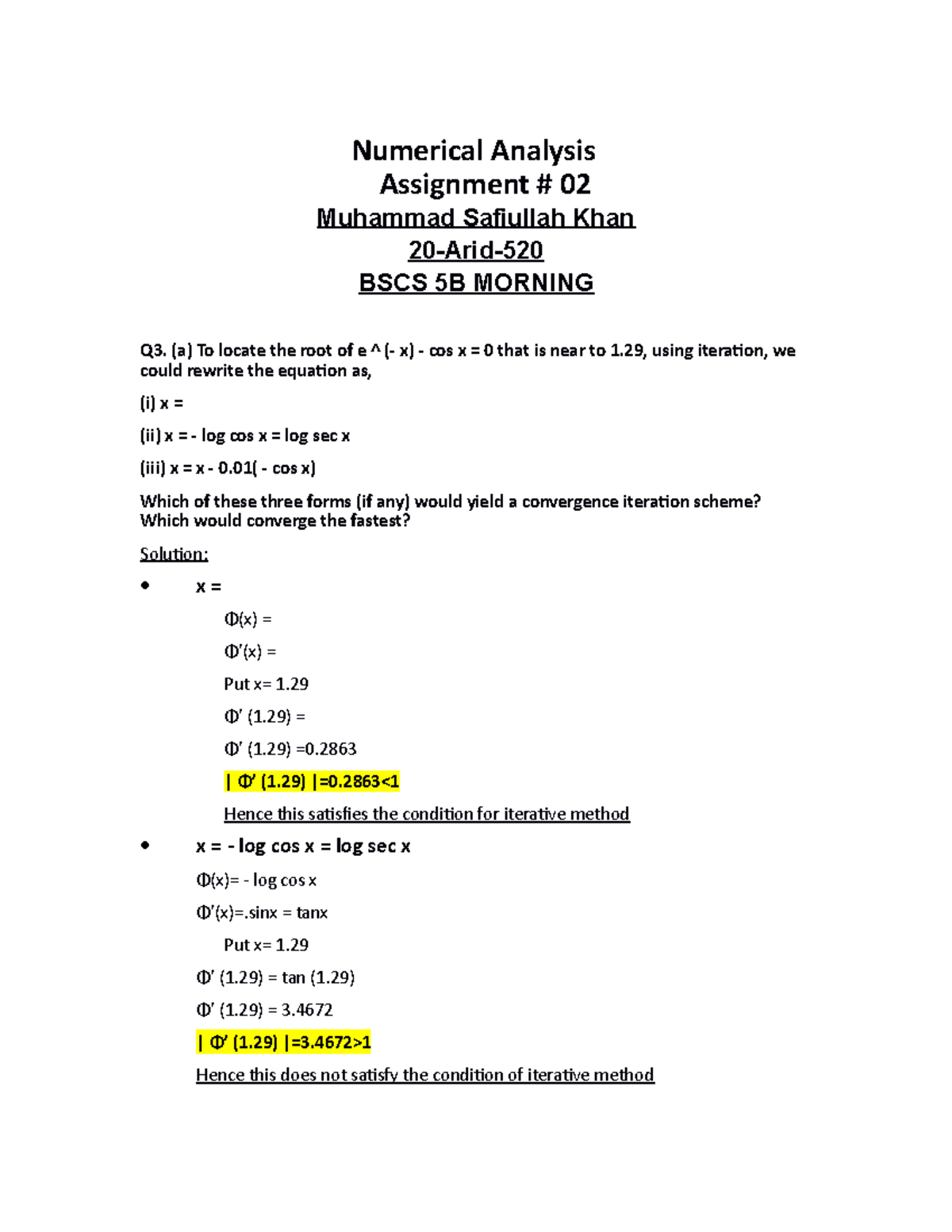 20-Arid-520 Muhammad Safiullah Khan Numerical Analysis Assignment 2 BSCS 5B Morning - Numerical ...