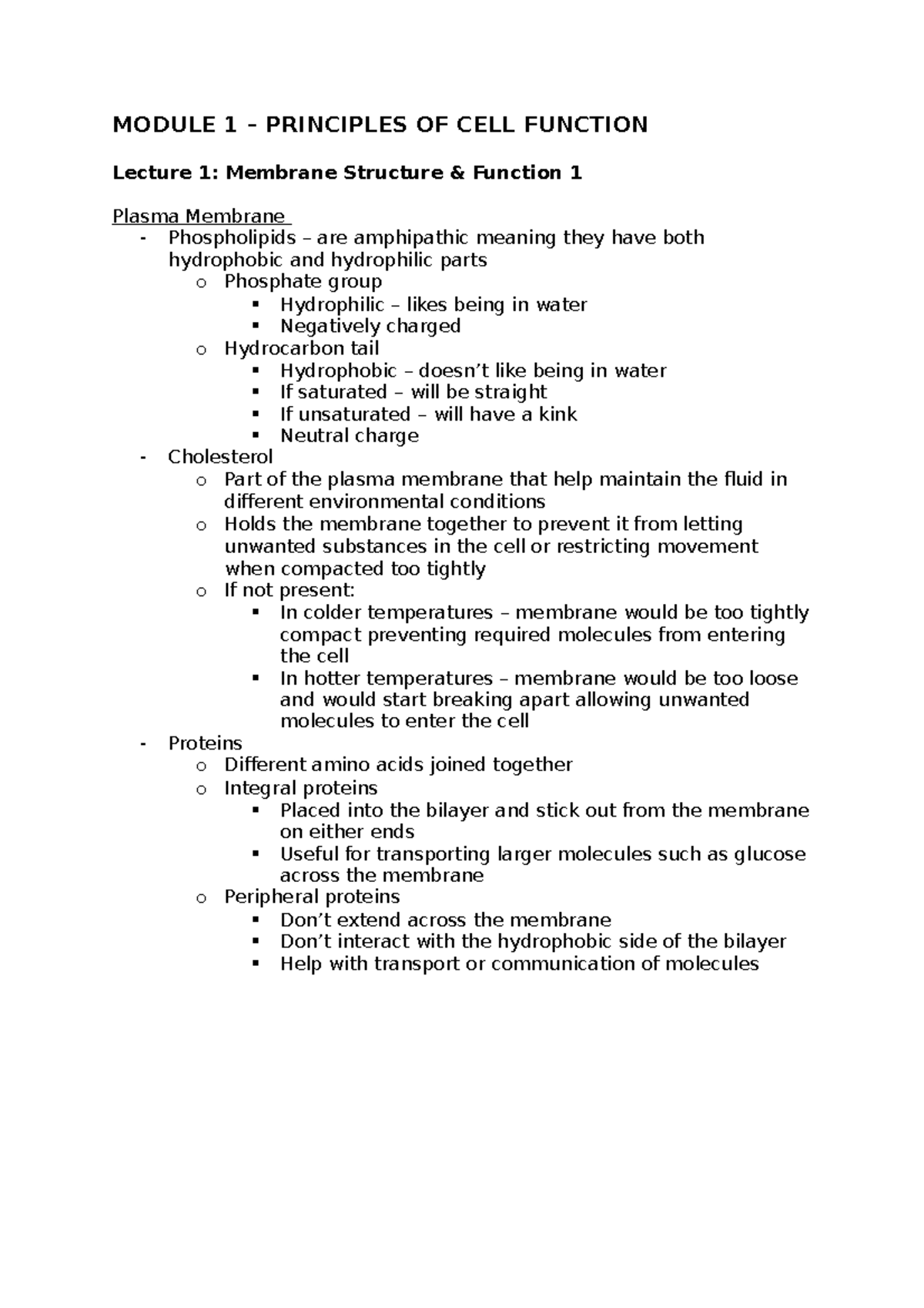 Module 1 - Lecture notes 1-3 - MODULE 1 – PRINCIPLES OF CELL FUNCTION ...
