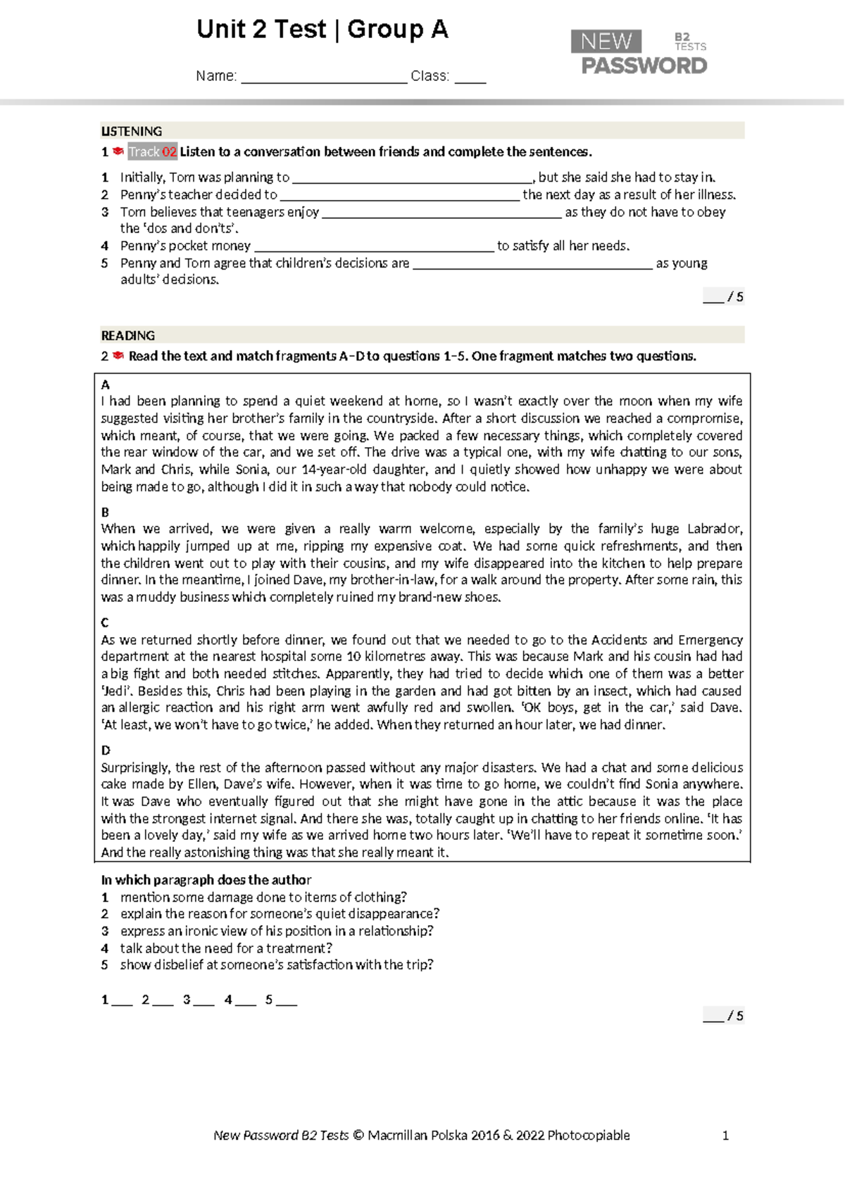 New Password B2 UT 2A - Testy z odpowiedziami - Unit 2 Test | Group A ...