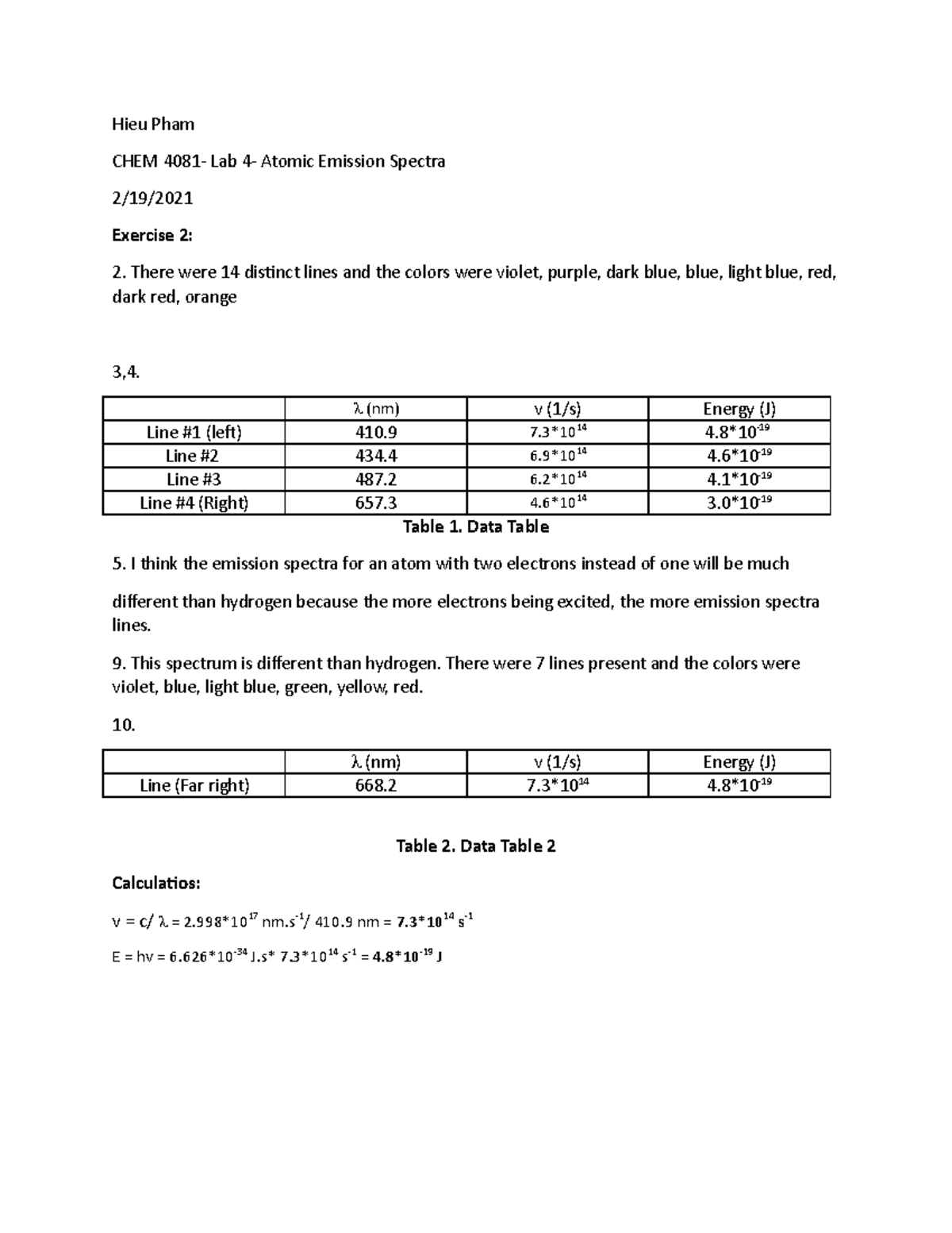 Lab 4 Atomic Emission Spectra - Hieu Pham CHEM 4081- Lab 4- Atomic ...