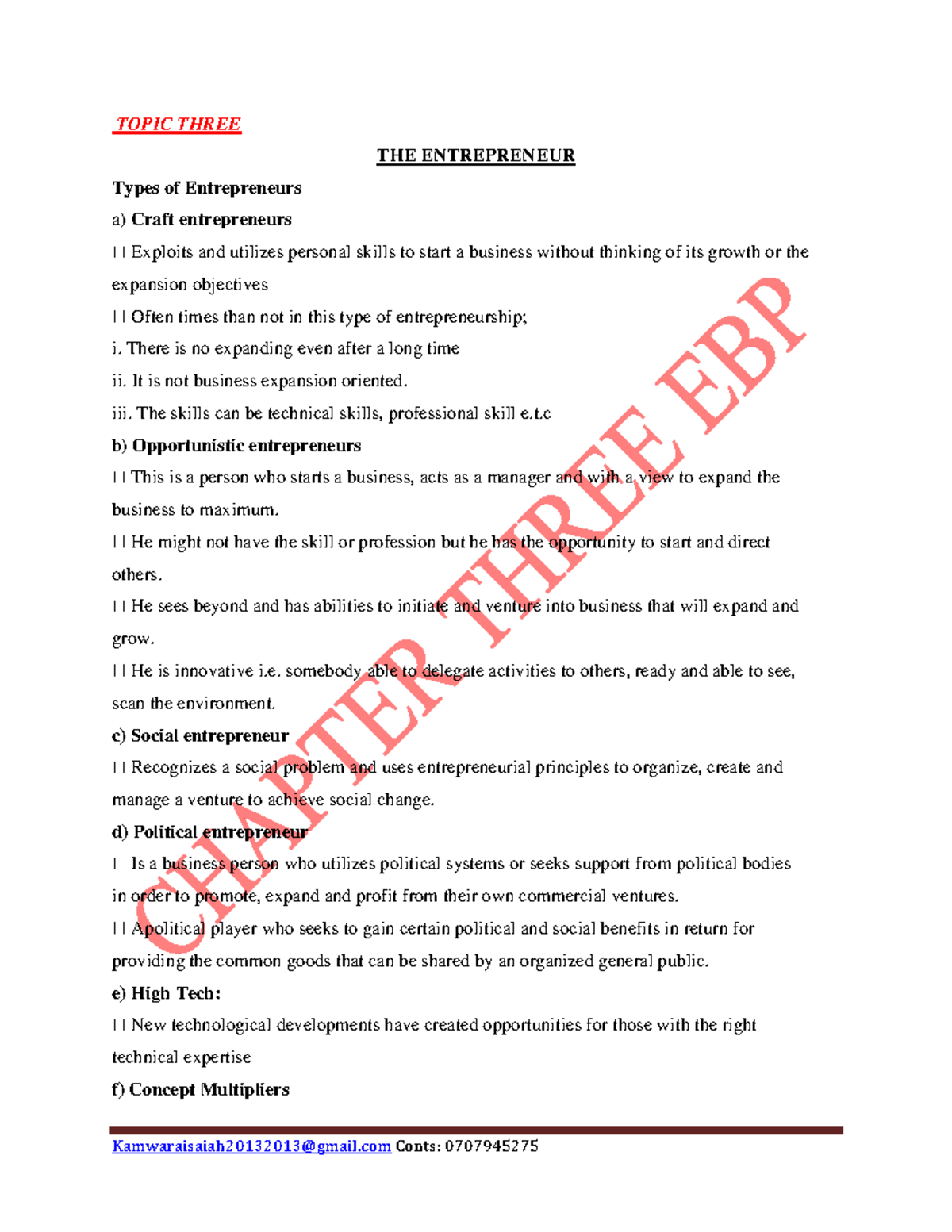 Ebpchapter 2 last sub Topicnotes - TOPIC THREE THE ENTREPRENEUR Types ...