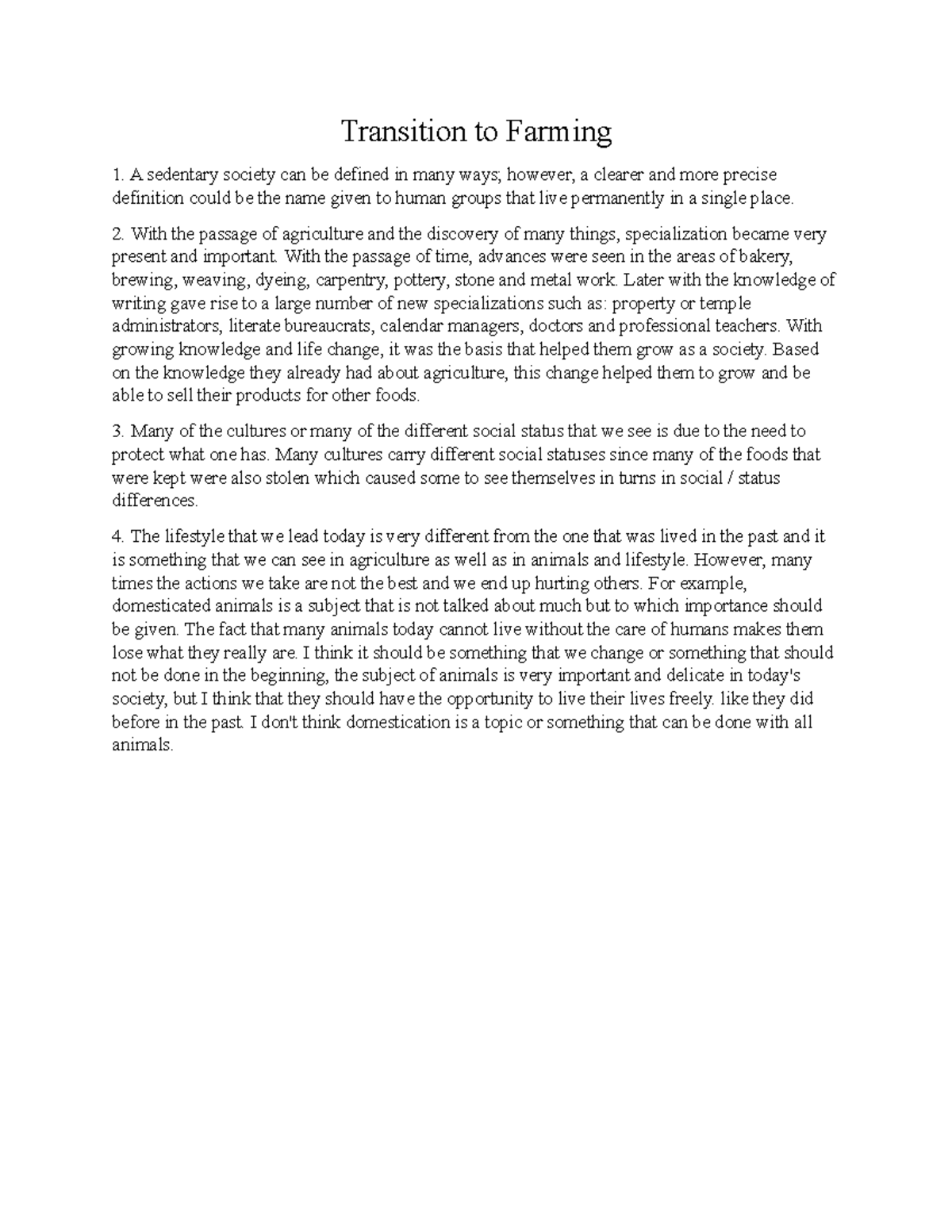 Transition to Farming - Class discussion - Transition to Farming A ...