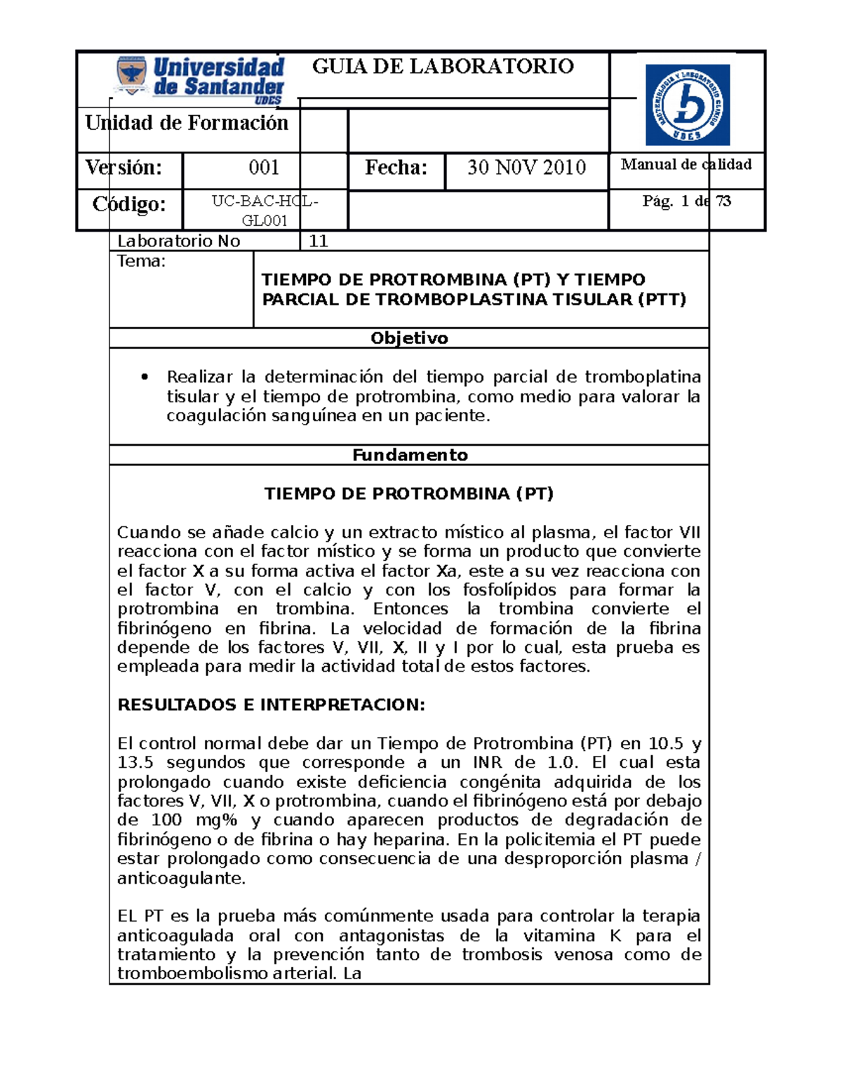 Laboratorio Nro 11 PT y PTT Hematología II 2022 A - Laboratorio No 11 Tema: TIEMPO DE ...