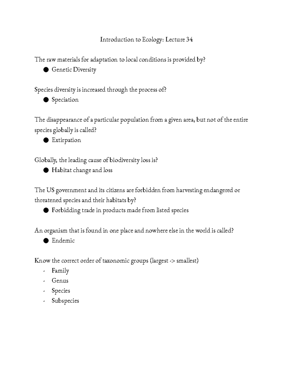 Introduction to Ecology Lecture 34 - Studocu