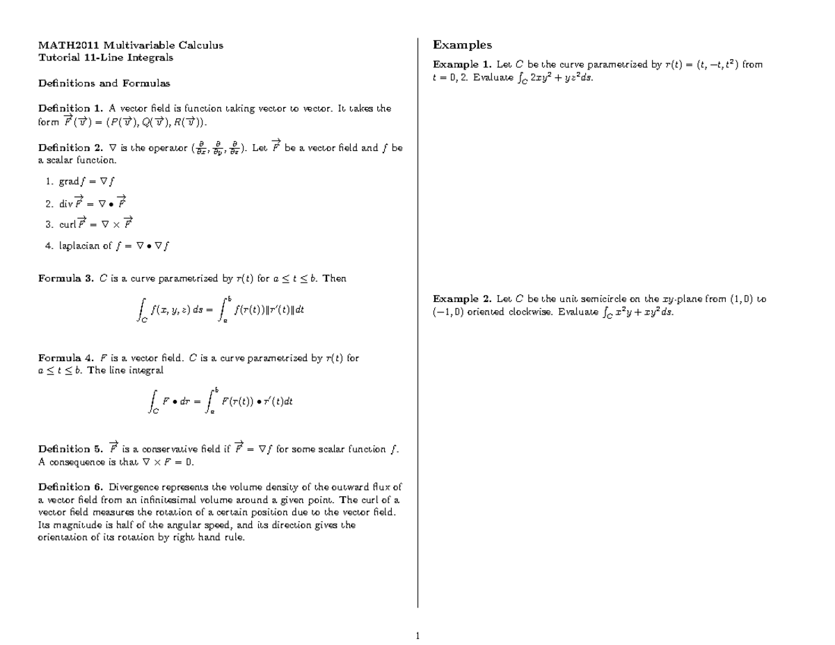 T11-Line Integrals - Dave Au - Examples MATH2011 Multivariable Calculus Tutorial 11-Line ...