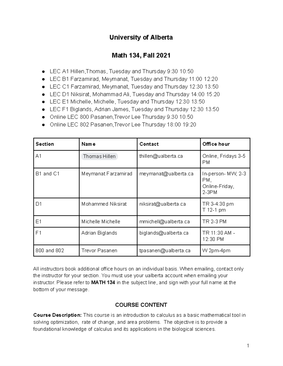 Math 134 - Fall 2021 - Syllabus-3-Farzamirad - Chem101 - UAlberta - Studocu