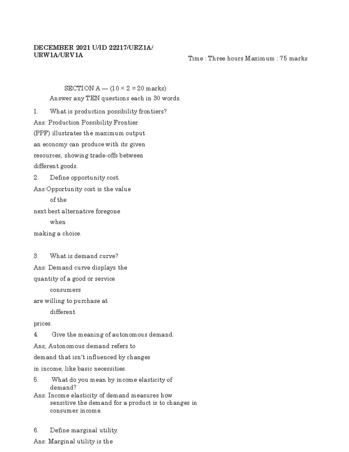 Business economics answer key - DECEMBER 2021 U/ID 22217/URZ1A/ URW1A ...