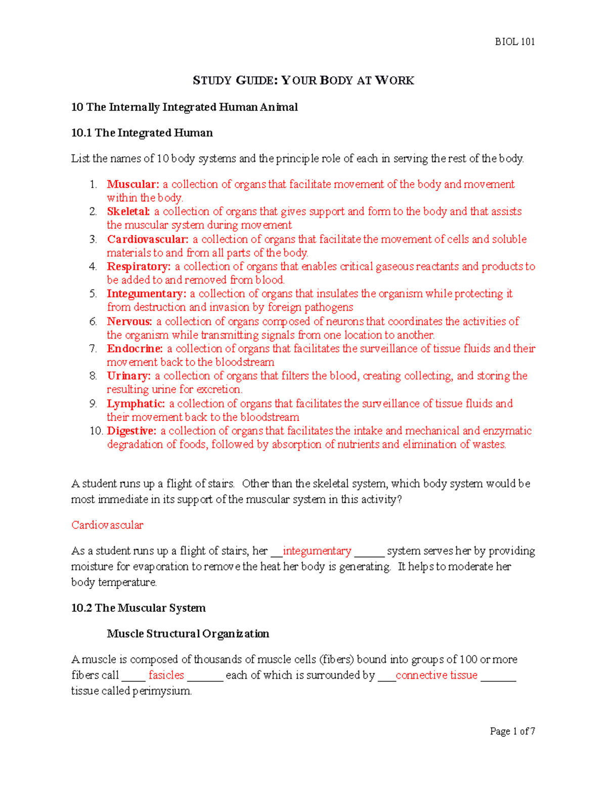 Study Guide Your Body at Work - STUDY GUIDE: YOUR BODY AT WORK 10 The ...