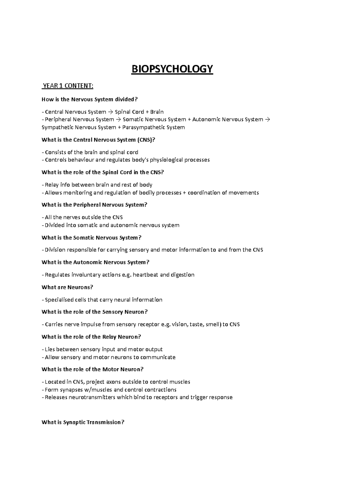 Biopsychology - BIOPSYCHOLOGY YEAR 1 CONTENT: How is the Nervous System ...
