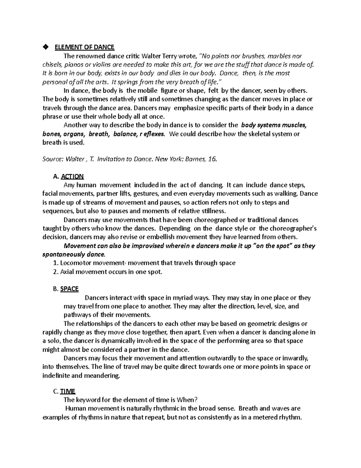 Week 2 p. e 3 - thankd - ELEMENT OF DANCE The renowned dance critic ...