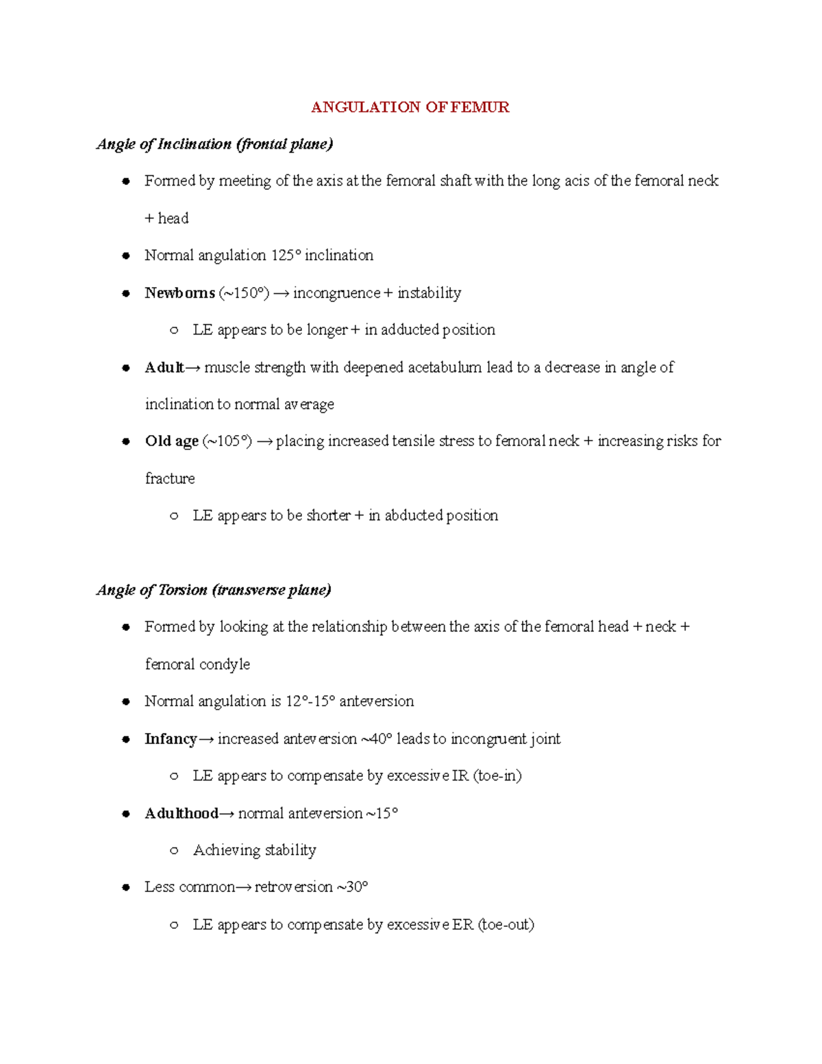 Femur angulation - ANGULATION OF FEMUR Angle of Inclination (frontal ...