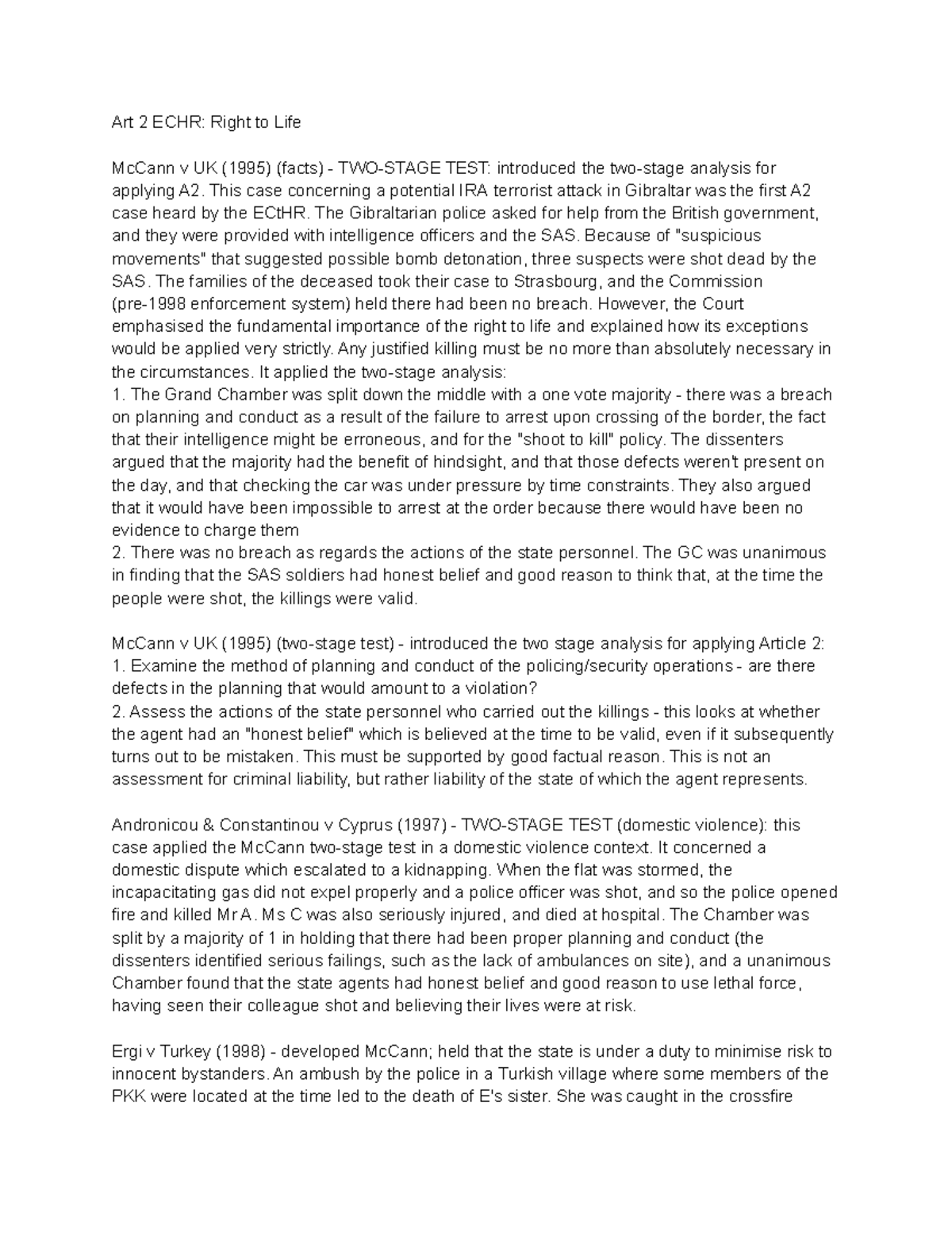 Art 2 ECHR Right to Life - Art 2 ECHR: Right to Life McCann v UK (1995 ...