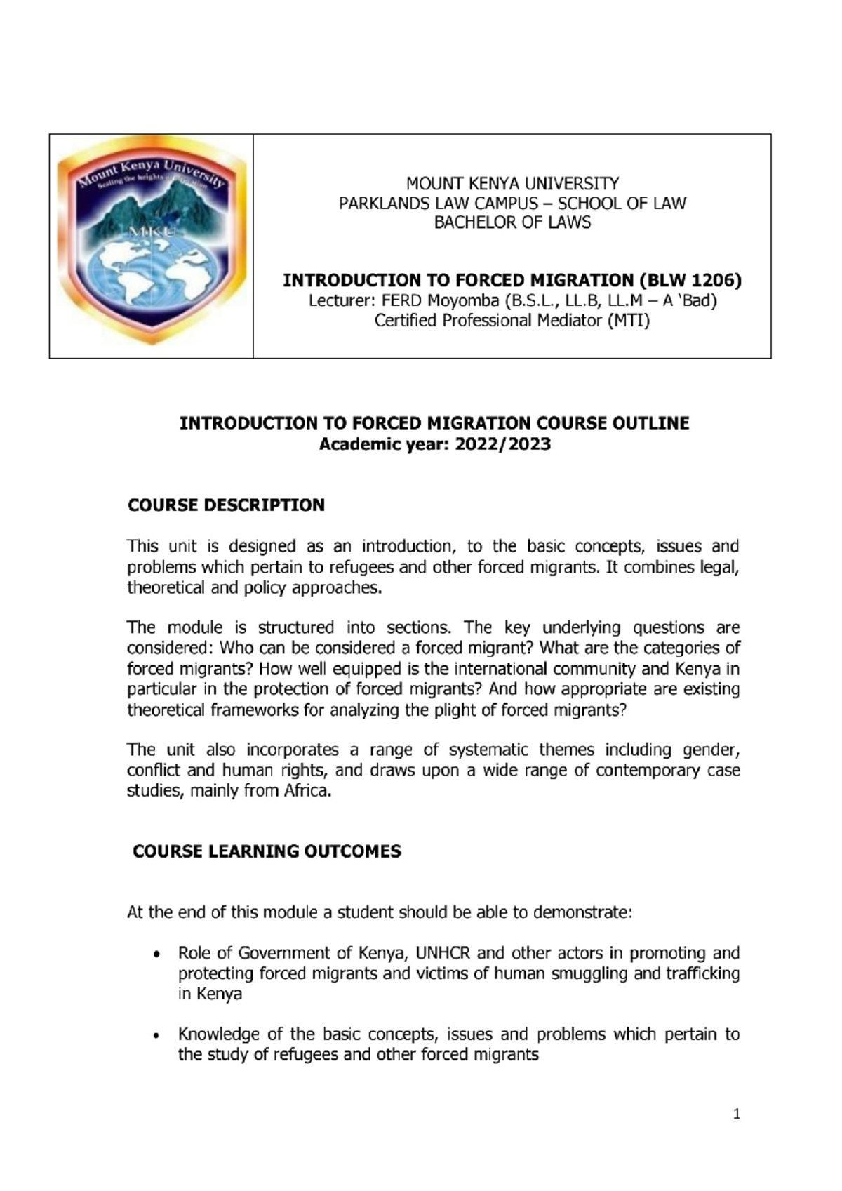 IFM course outline Jan April 2023 - International law - Studocu