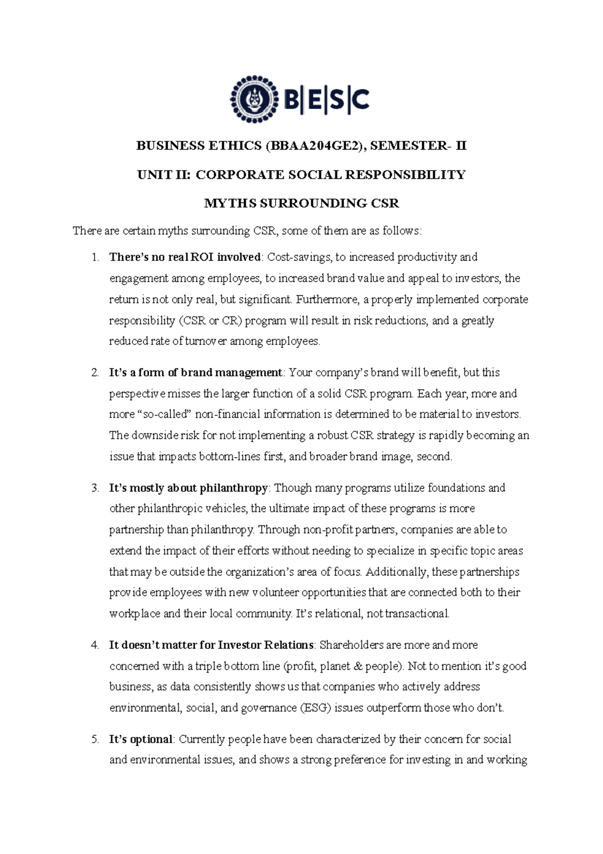 CSR Myths - BUSINESS ETHICS (BBAA204GE2), SEMESTER- II UNIT II ...