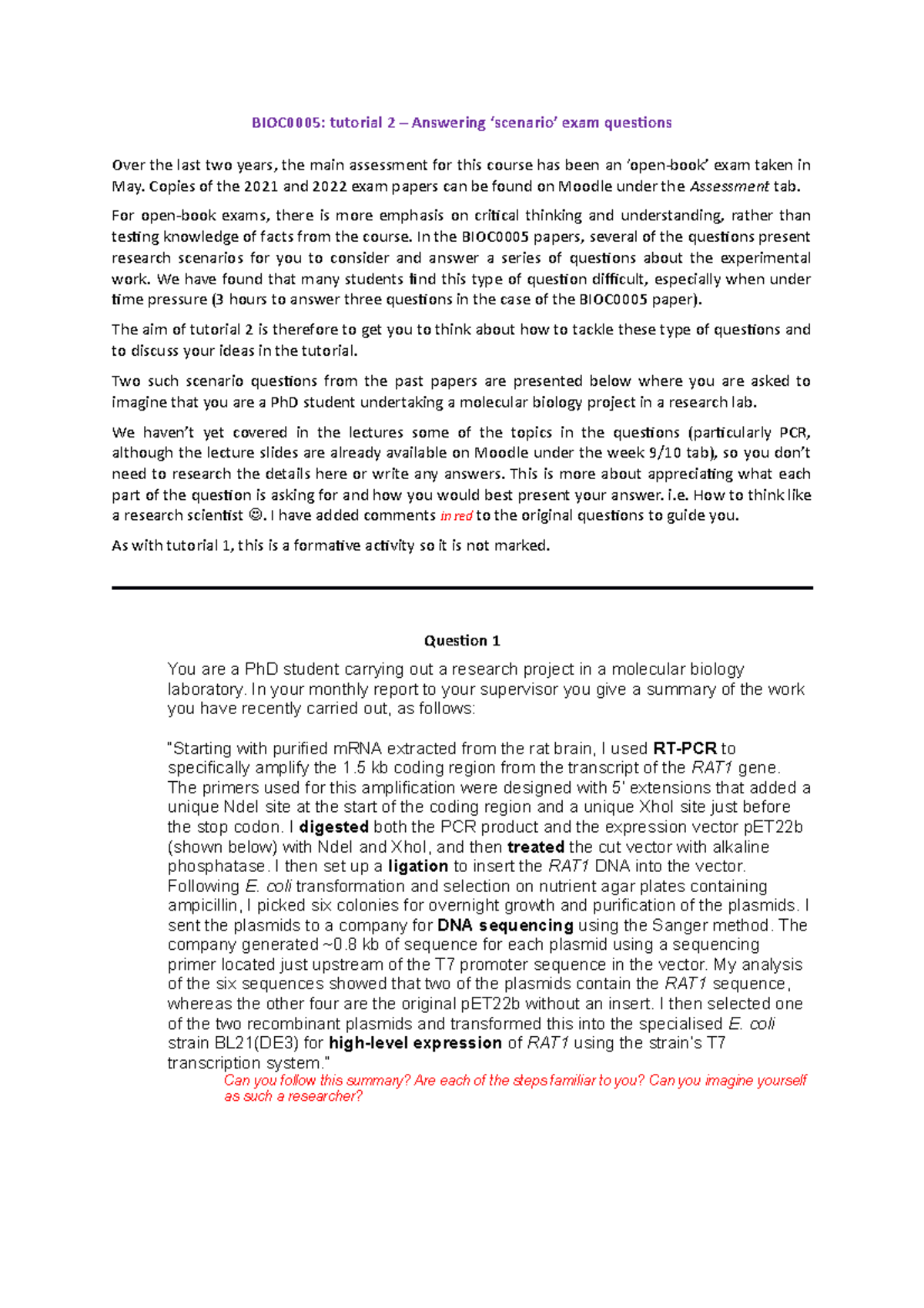 Tutorial 2 - BIOC0005: tutorial 2 – Answering ‘scenario’ exam questions ...