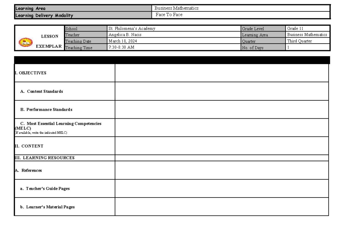 Lesson Exemplar - Learning Area Business Mathematics Learning Delivery ...