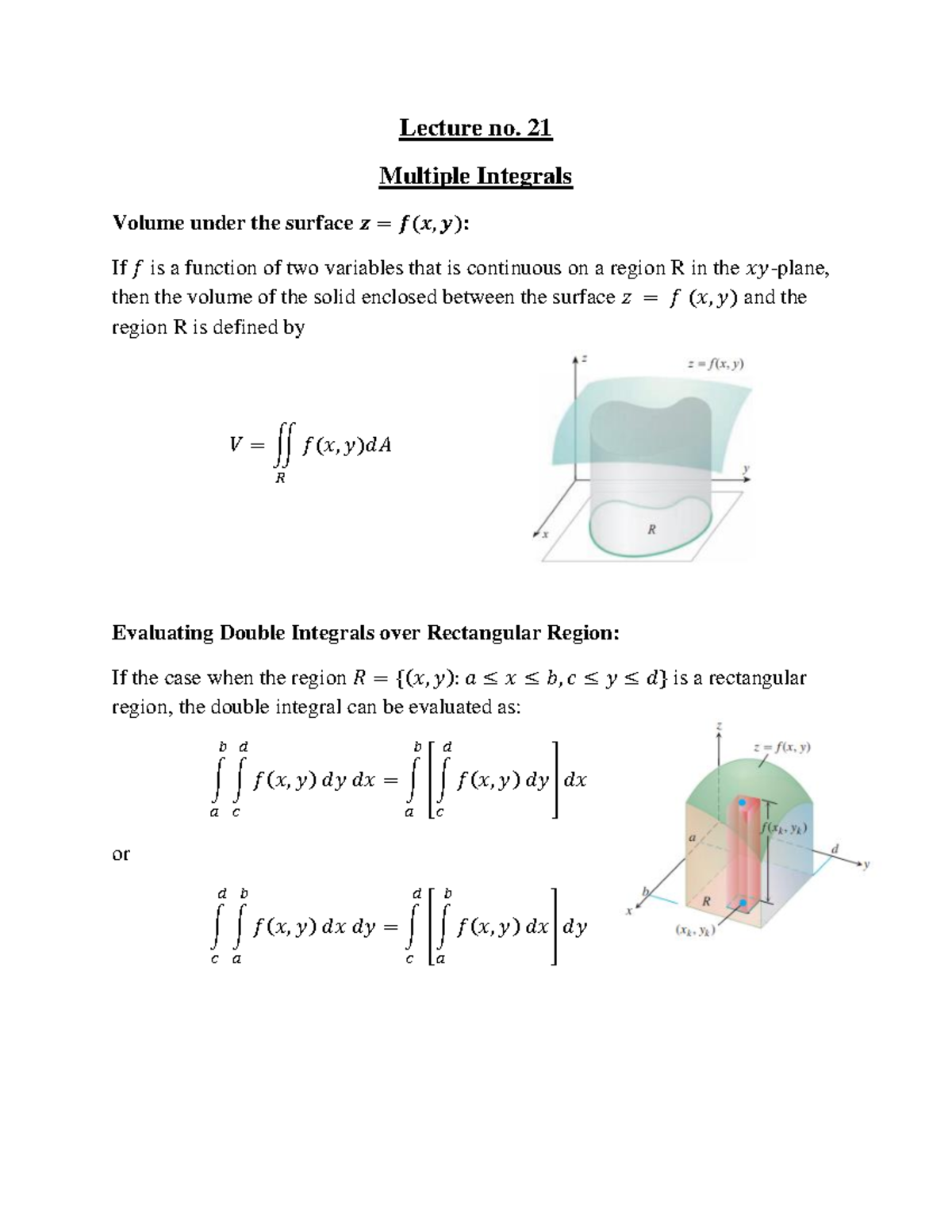 Lec 21 (Multiple Integrals) - Lecture no. 21 Multiple Integrals Volume ...