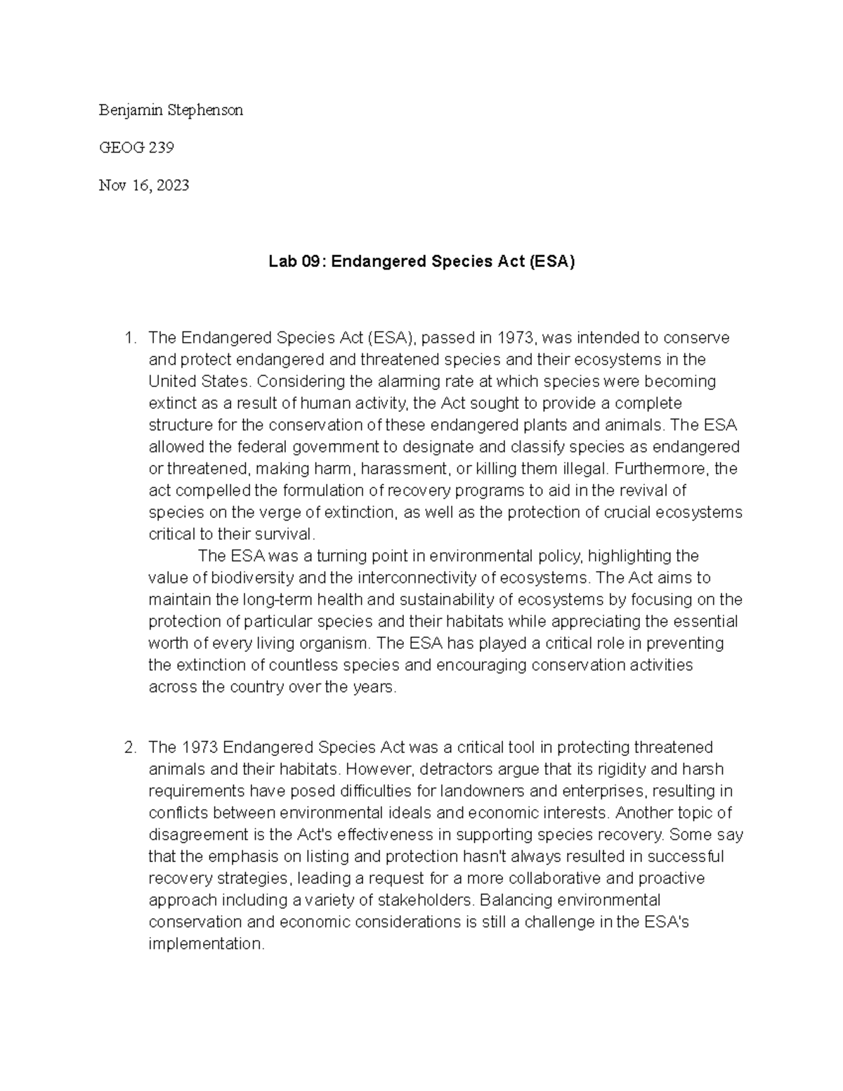 Lab 09 Endangered Species Act (ESA) - Benjamin Stephenson GEOG 239 Nov ...