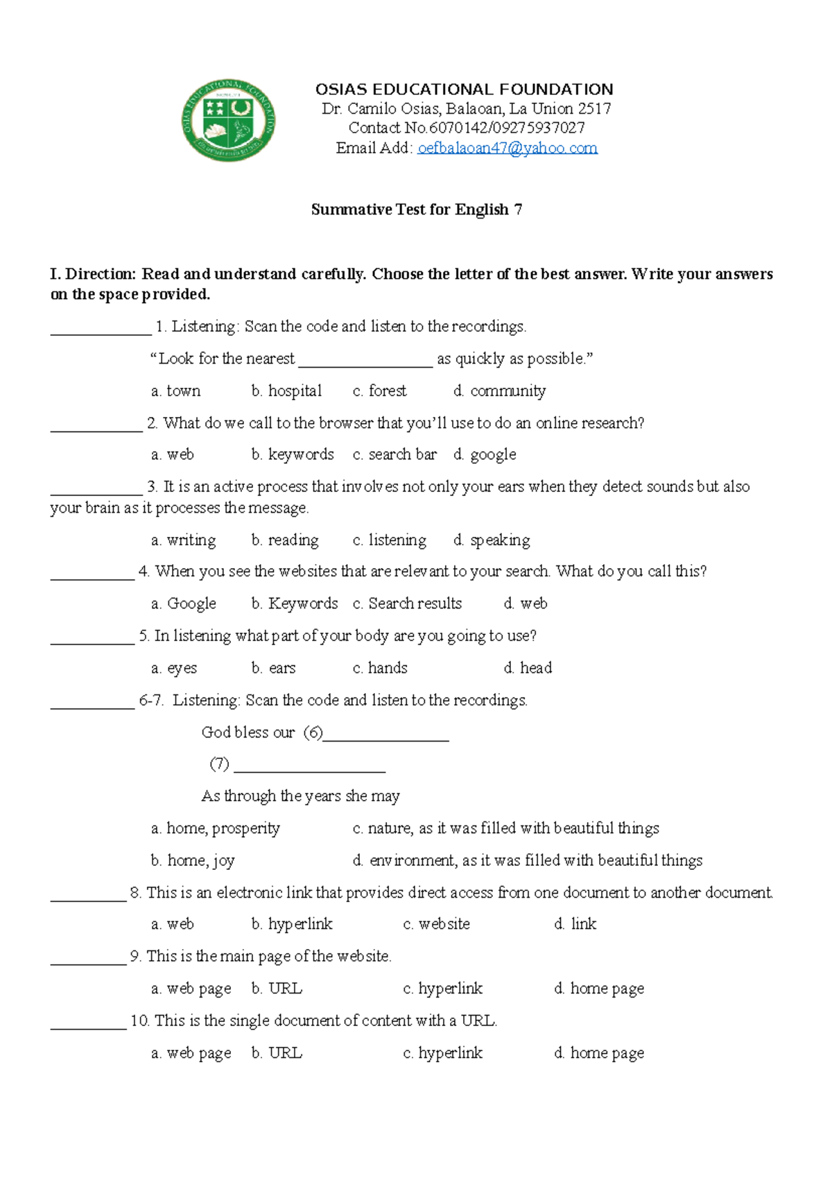 TOS Summative English 7 - OSIAS EDUCATIONAL FOUNDATION Dr. Camilo Osias ...