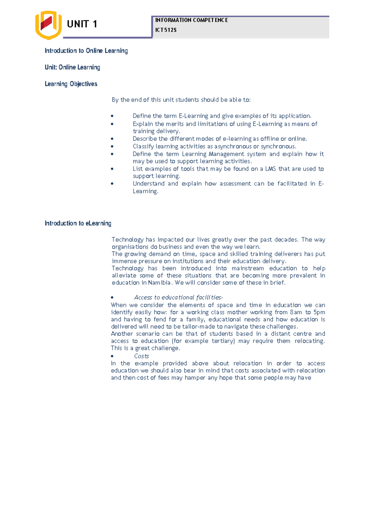 Unit 1 - N/A - ICT512S UNIT 1 Introduction to Online Learning Unit ...
