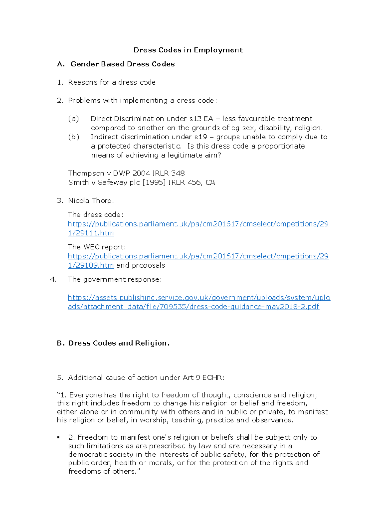 Seminar 2 - Handout dress codes - Dress Codes in Employment A. Gender ...