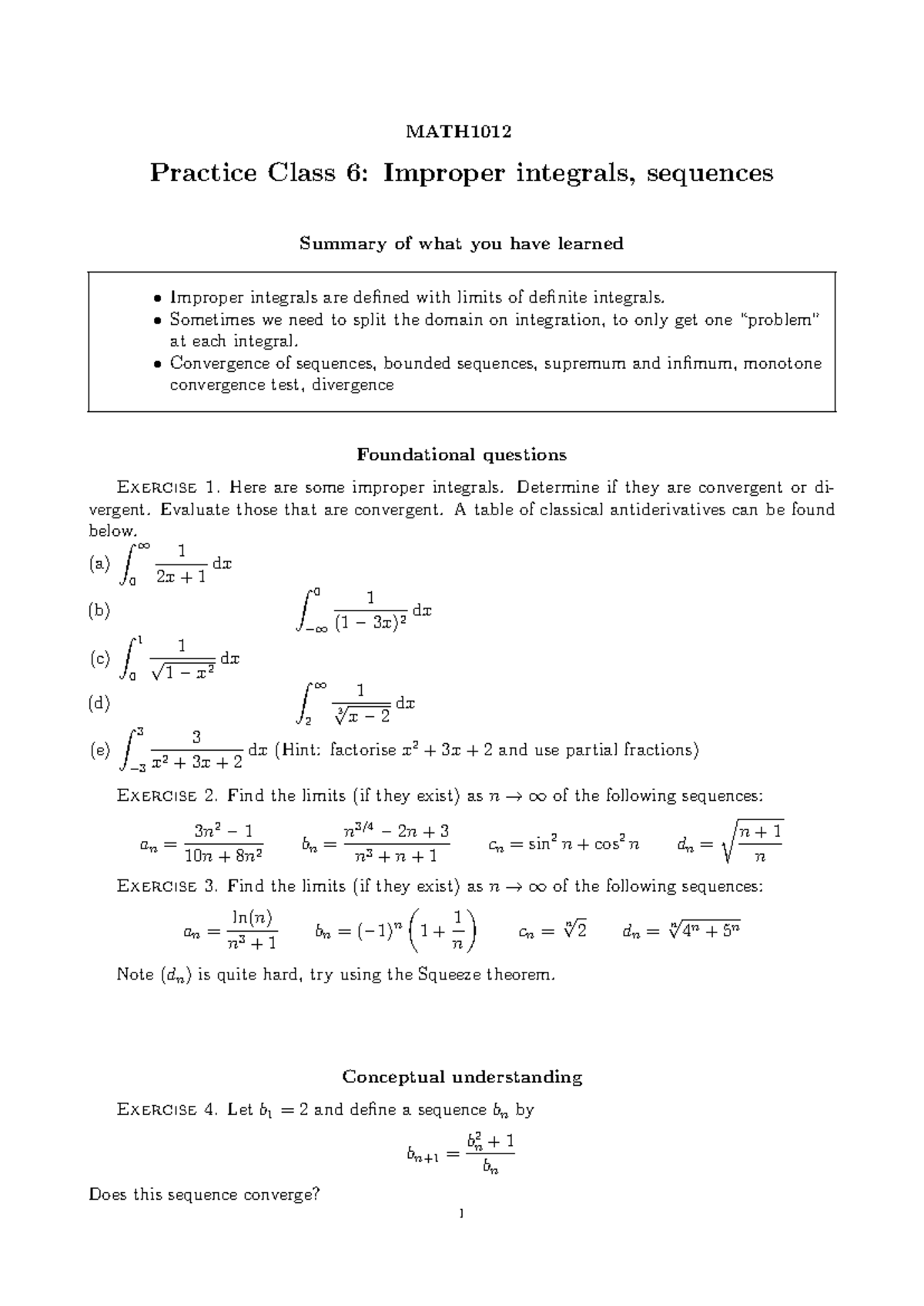 Prac6 - Lab stuff - MATH Practice Class 6: Improper integrals, sequences Summary of what you ...