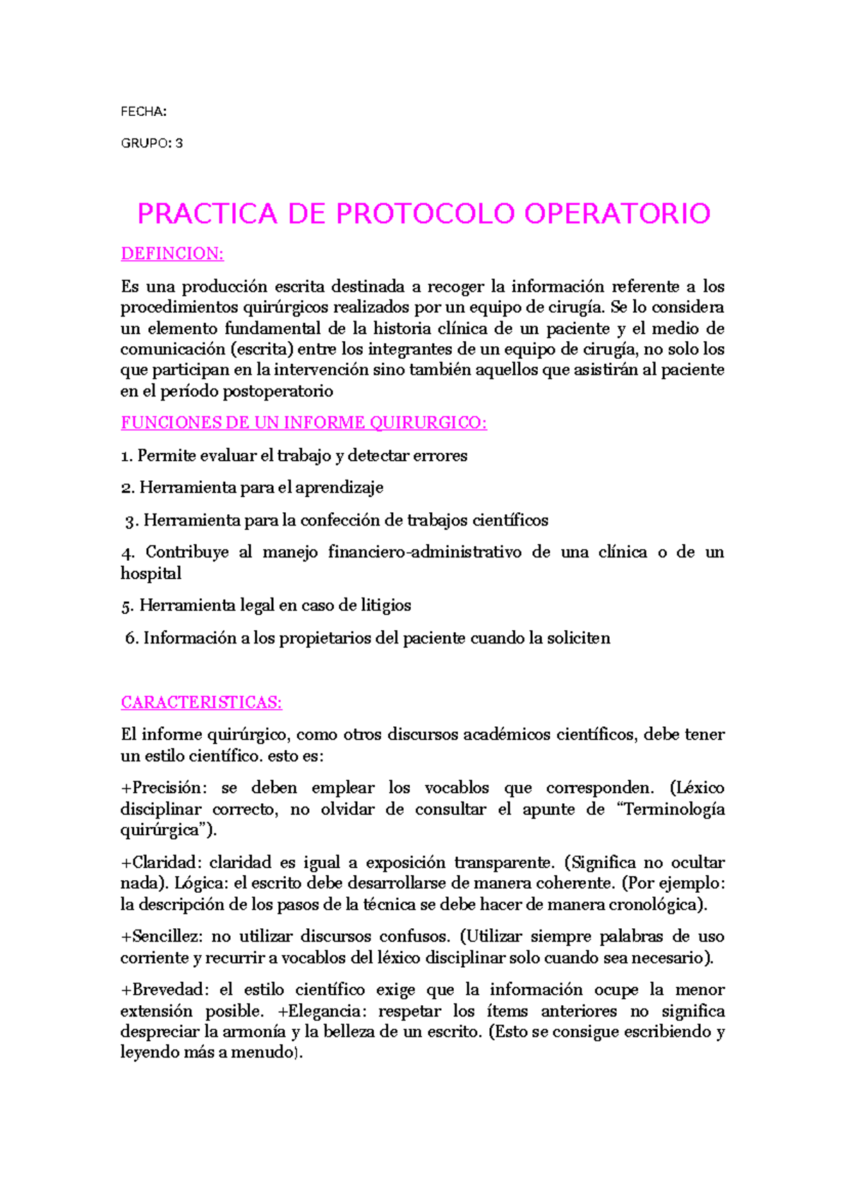 Protocolo Operatorio - FECHA: GRUPO: 3 PRACTICA DE PROTOCOLO OPERATORIO ...