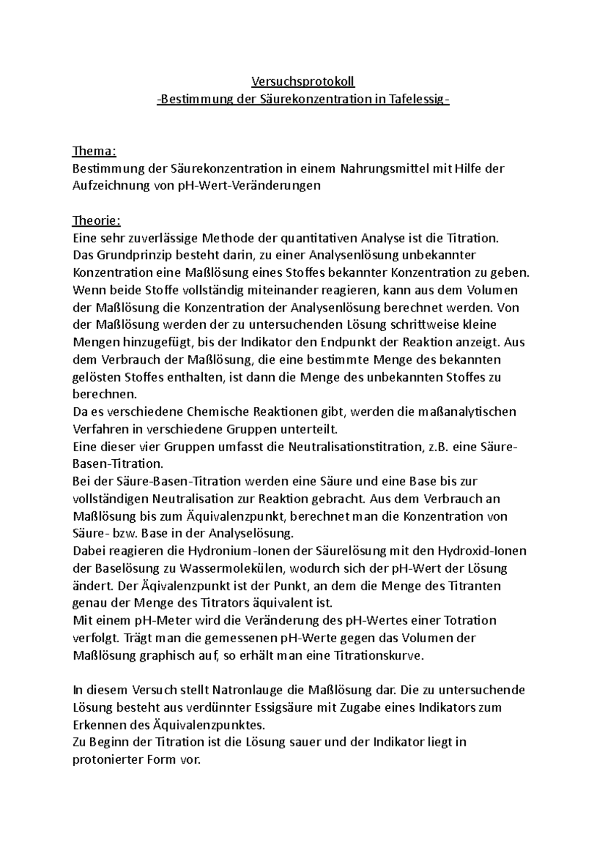 Versuchsprotokoll - Versuchsprotokoll -Bestimmung der ...