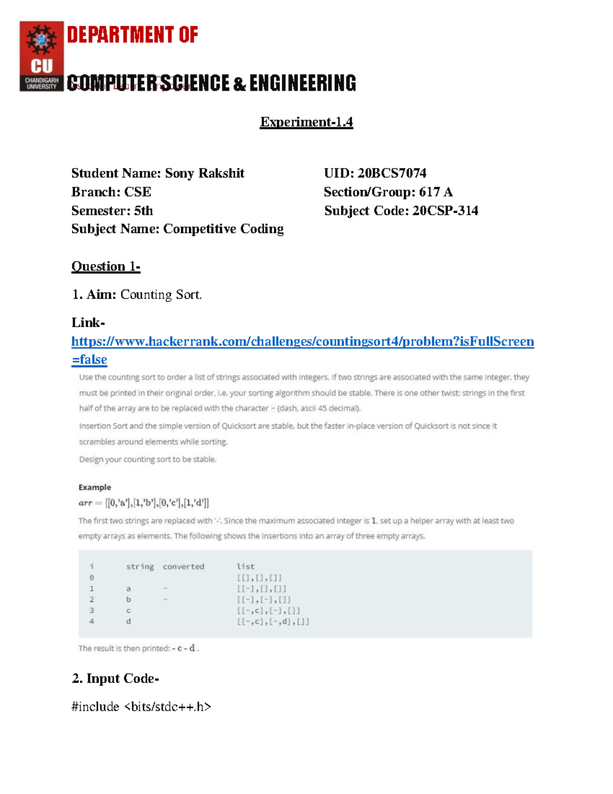 20BCS7074 Sony Rakshit CC Lab 1 - COMPUTER SCIENCE & ENGINEERING Experiment-1. Student Name ...