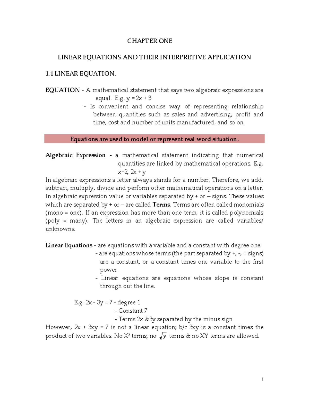 Mathematics For Management Chapter 1 - CHAPTER ONE LINEAR EQUATIONS AND ...