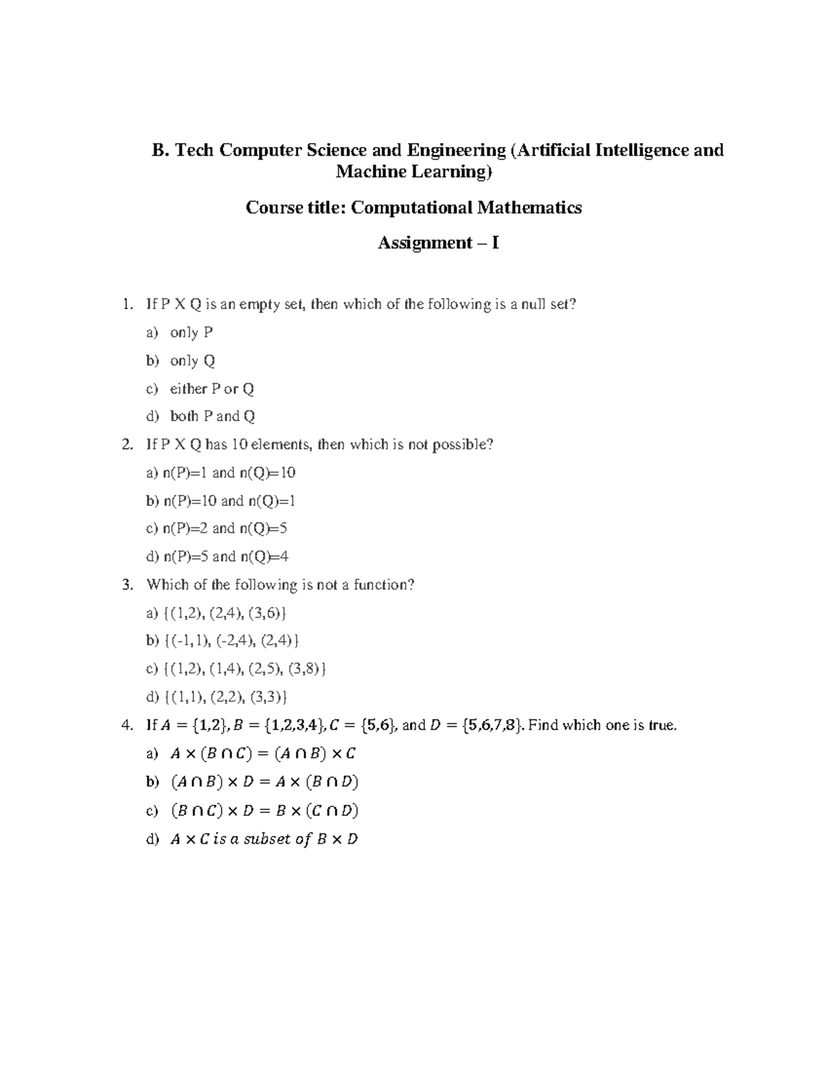 Comp. mathematics questions - B. Tech Computer Science and Engineering ...