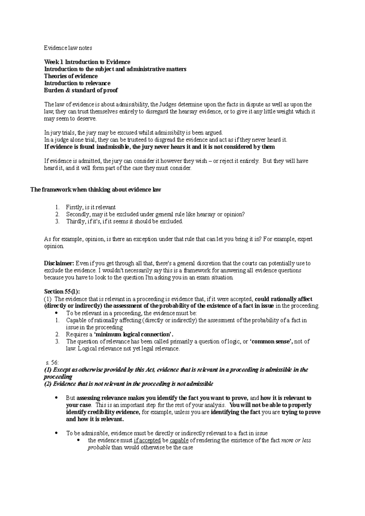 Evidence law notes - Evidence law notes Week 1 Introduction to Evidence ...